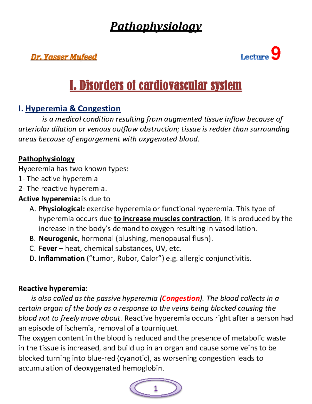 I. Disorders of cardiovascular system - Pathophysiology 9 I. Disorders ...