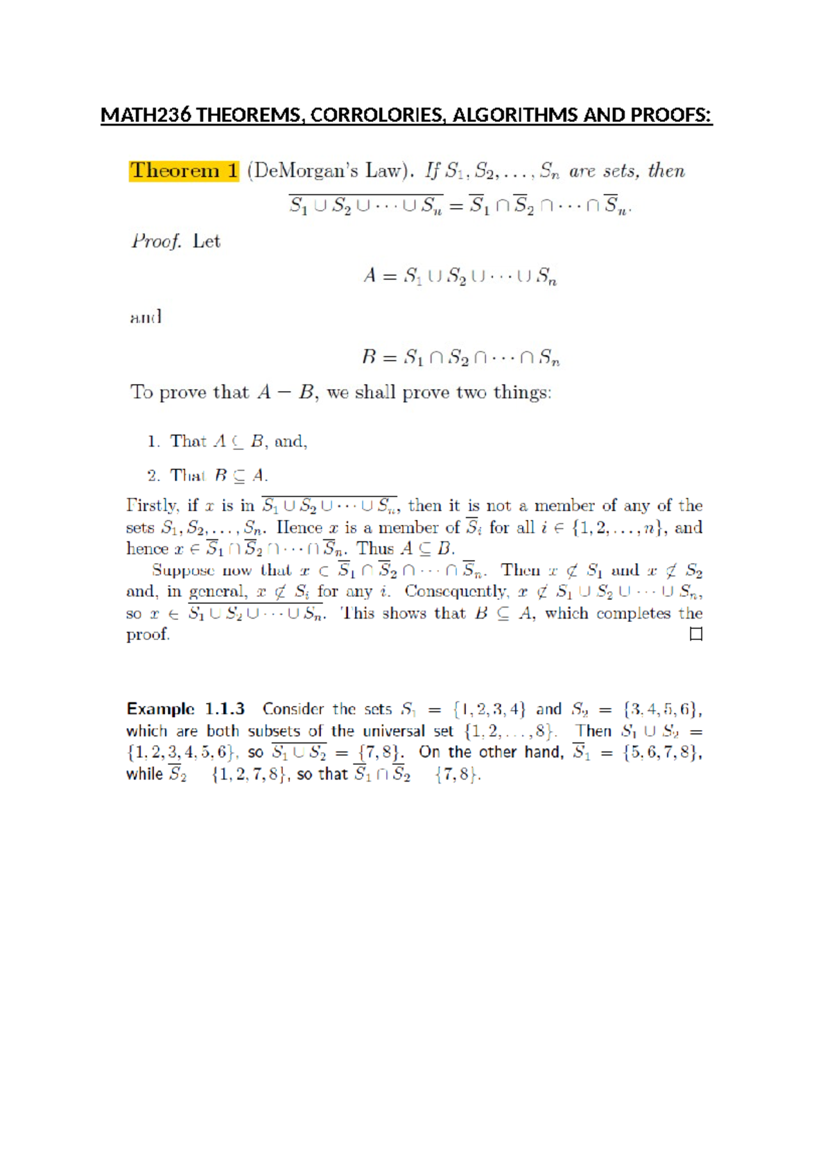 MATH236 Theorems, Corrolories, Algorithms AND Proofs - MATH236 - MATH236 THEOREMS, CORROLORIES ...