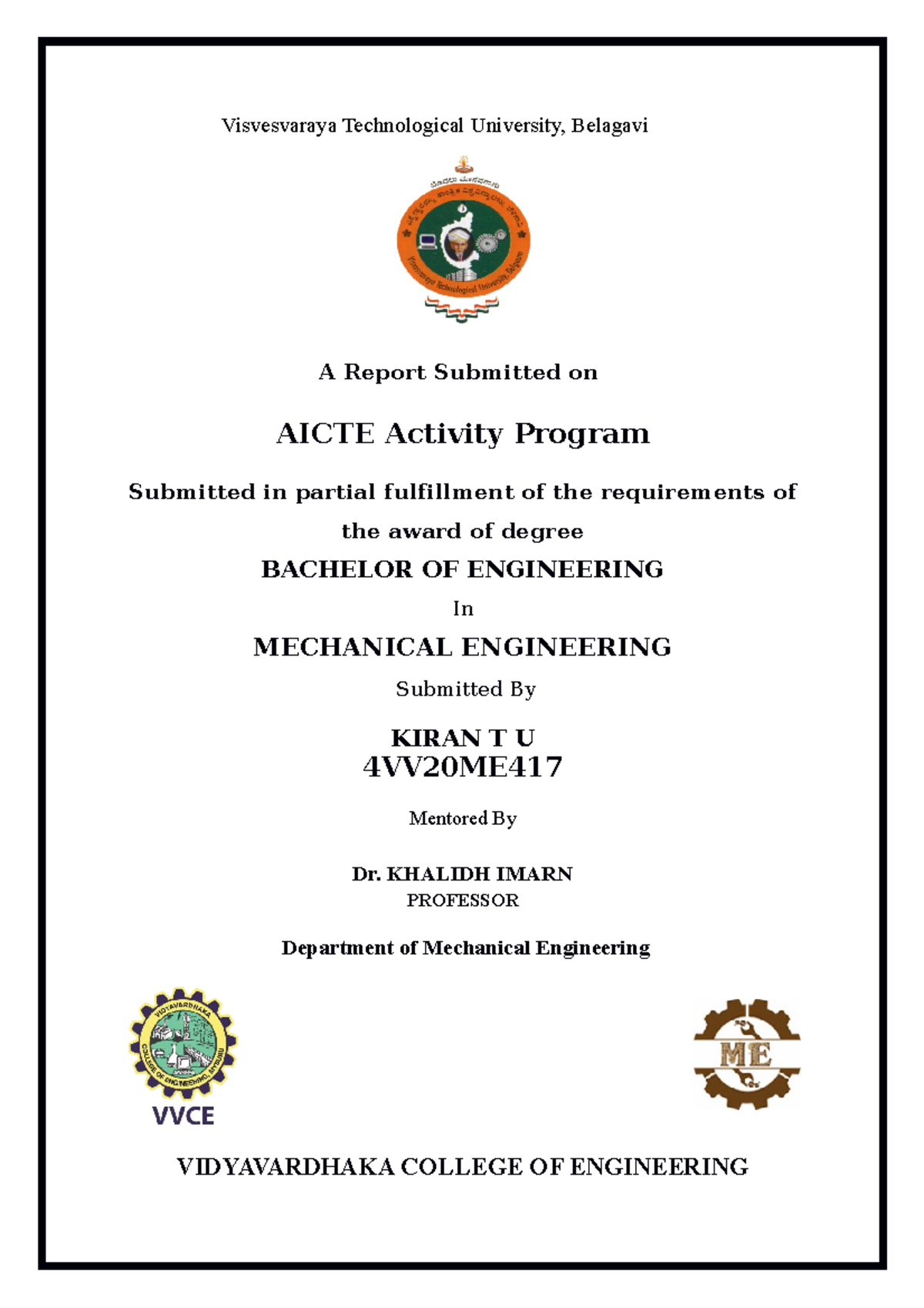 Aicte Report Kiran - Visvesvaraya Technological University, Belagavi A ...