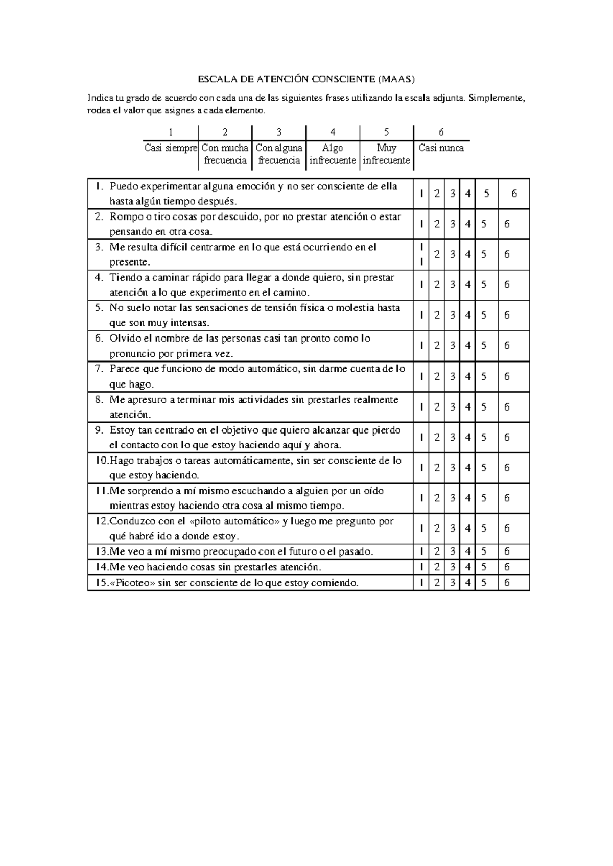 Escala DE AtencióN Consciente MAAS - ESCALA DE ATENCIÓN CONSCIENTE ...