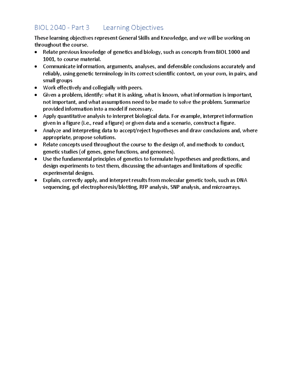 BIOL2040 Part 3 LOs - lecture notes summary course work bio - BIOL 2040 ...