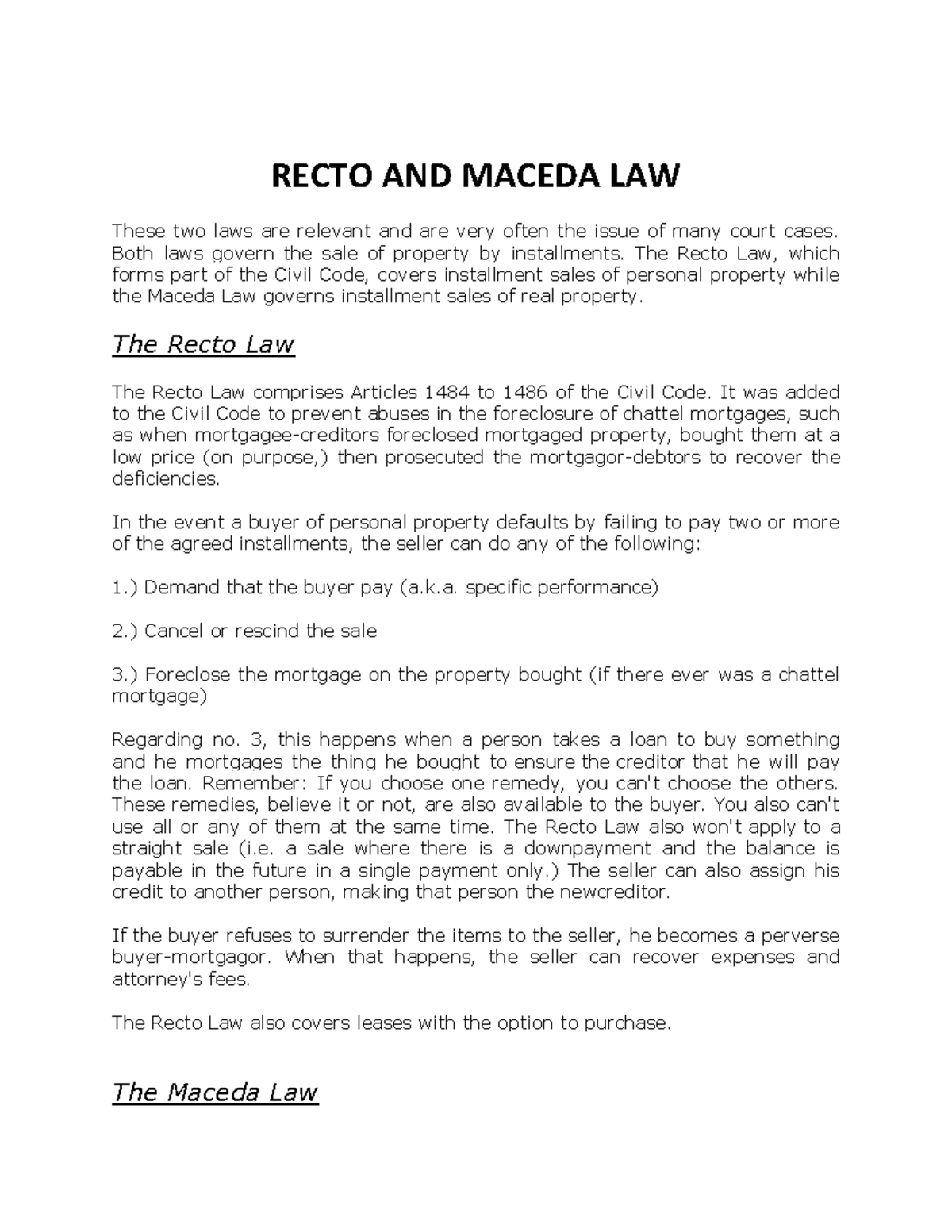 Pdfcoffee - lecture - RECTO AND MACEDA LAW These two laws are relevant ...