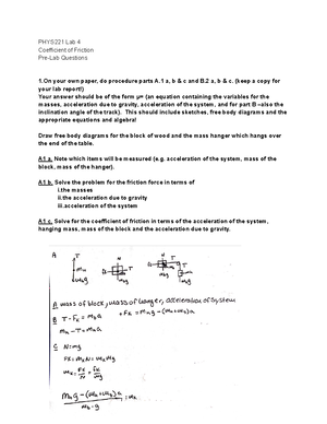LAB 6 Prelab - Physics I pre Lab 6 - Lab Section: 221-032L Group 11 What formula is used to ...