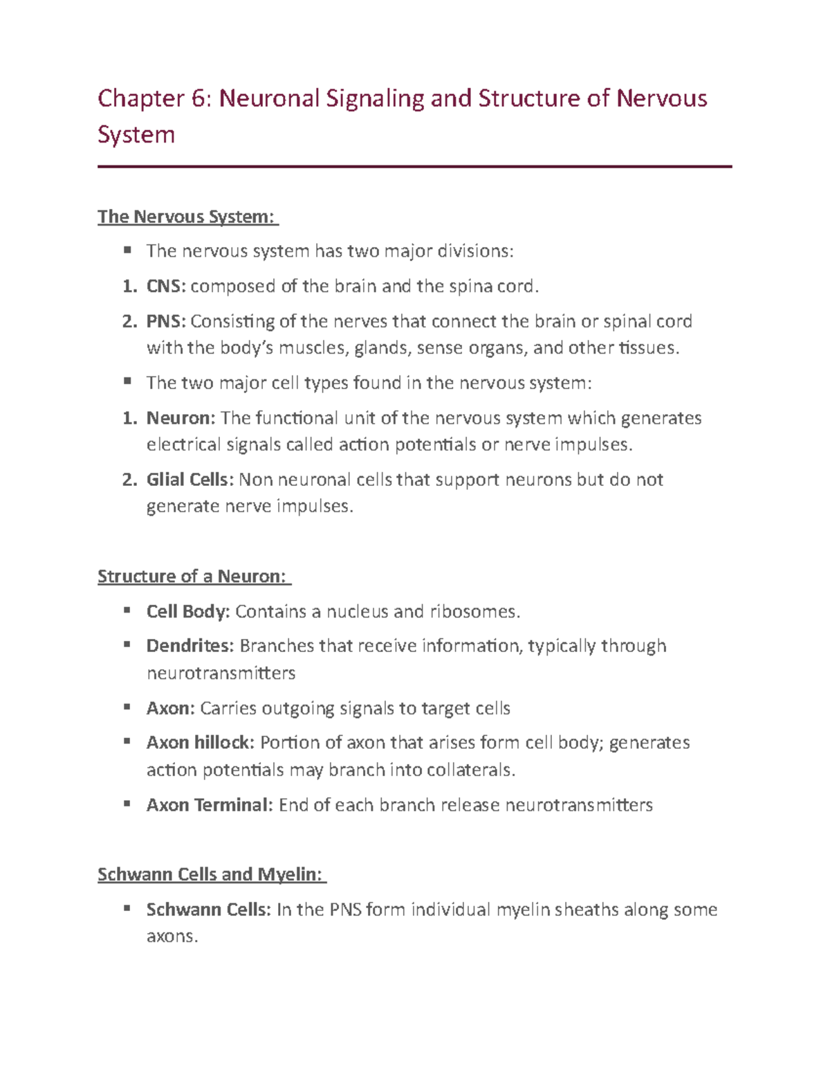 Chapter 6 Nervous System - Chapter 6: Neuronal Signaling and Structure ...