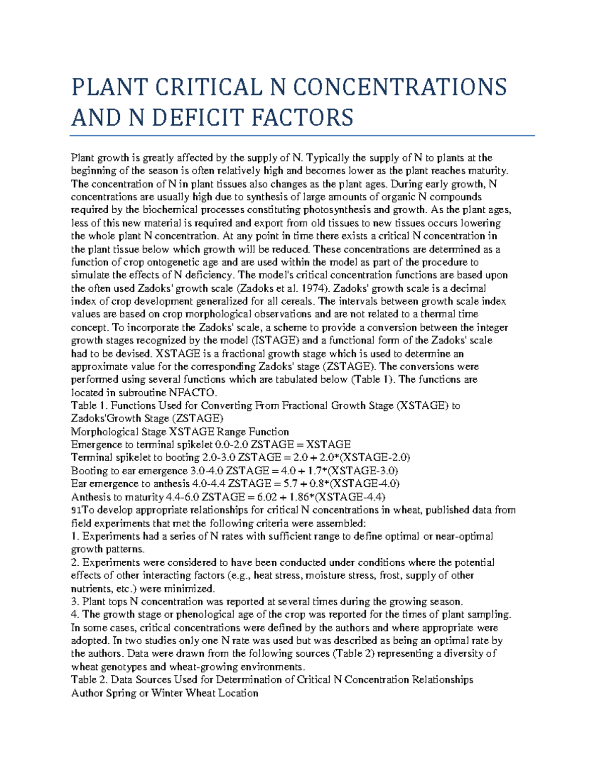 Plant Critical N Concentrations AND N Deficit Factors - PLANT CRITICAL ...