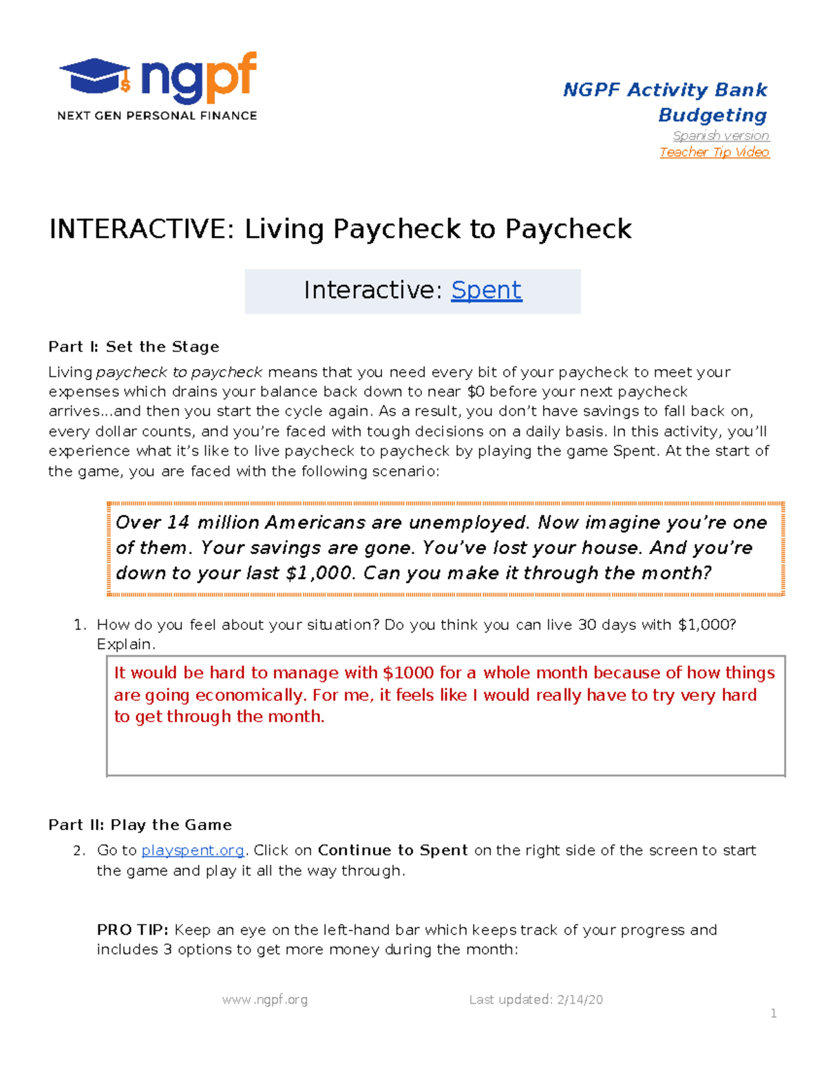 Spent worksheet - NGPF Activity Bank Budgeting Spanish version Teacher ...