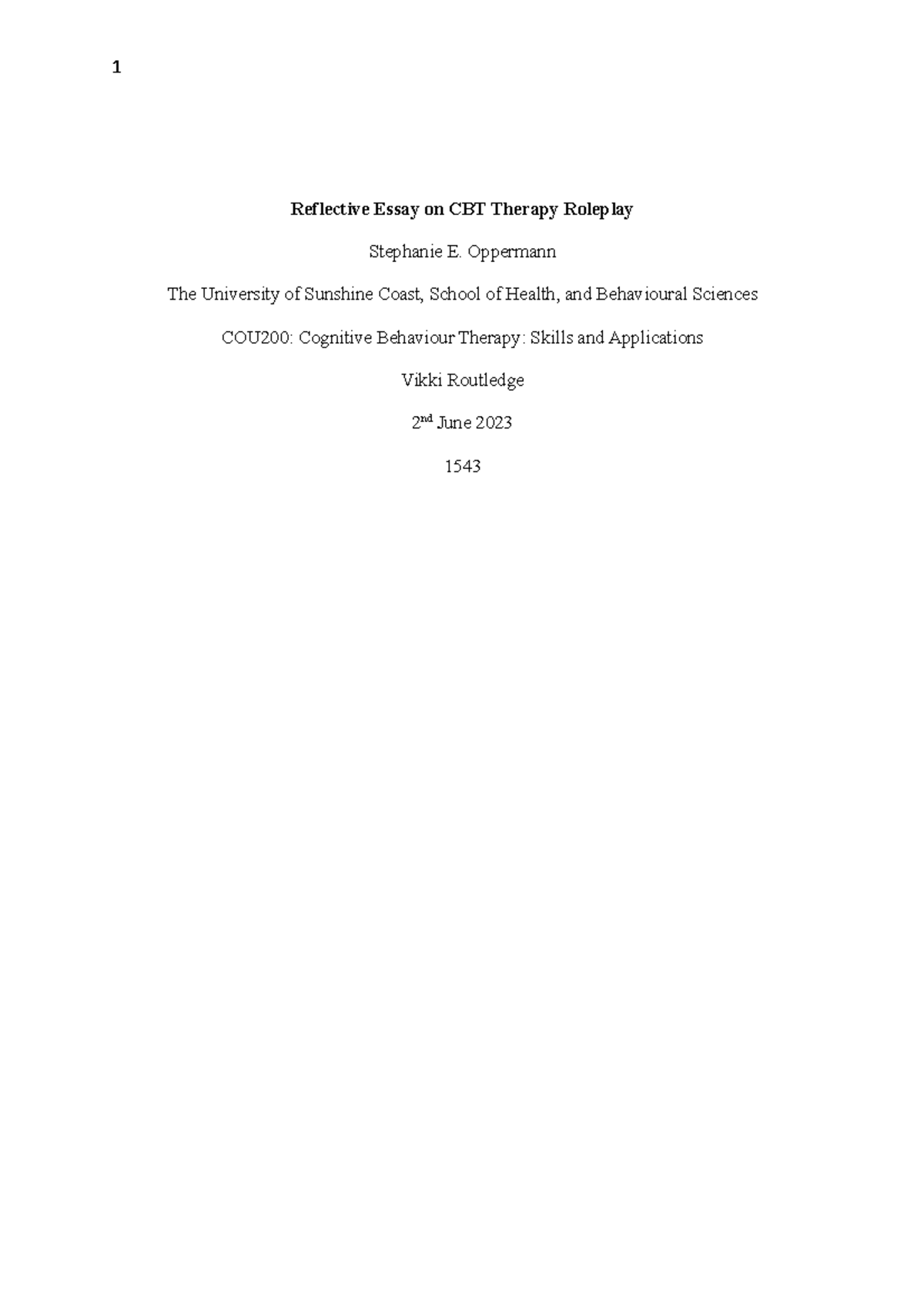 Oppermann Stephanie 1142865 Task3B COU200 - Reflective Essay on CBT ...