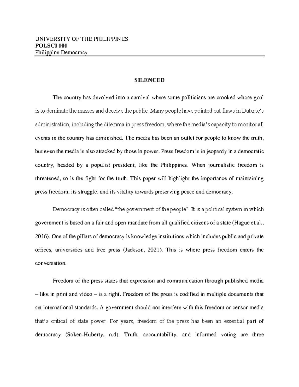 UP Pol Sci 101 Essay on Philippine Democracy - UNIVERSITY OF THE ...