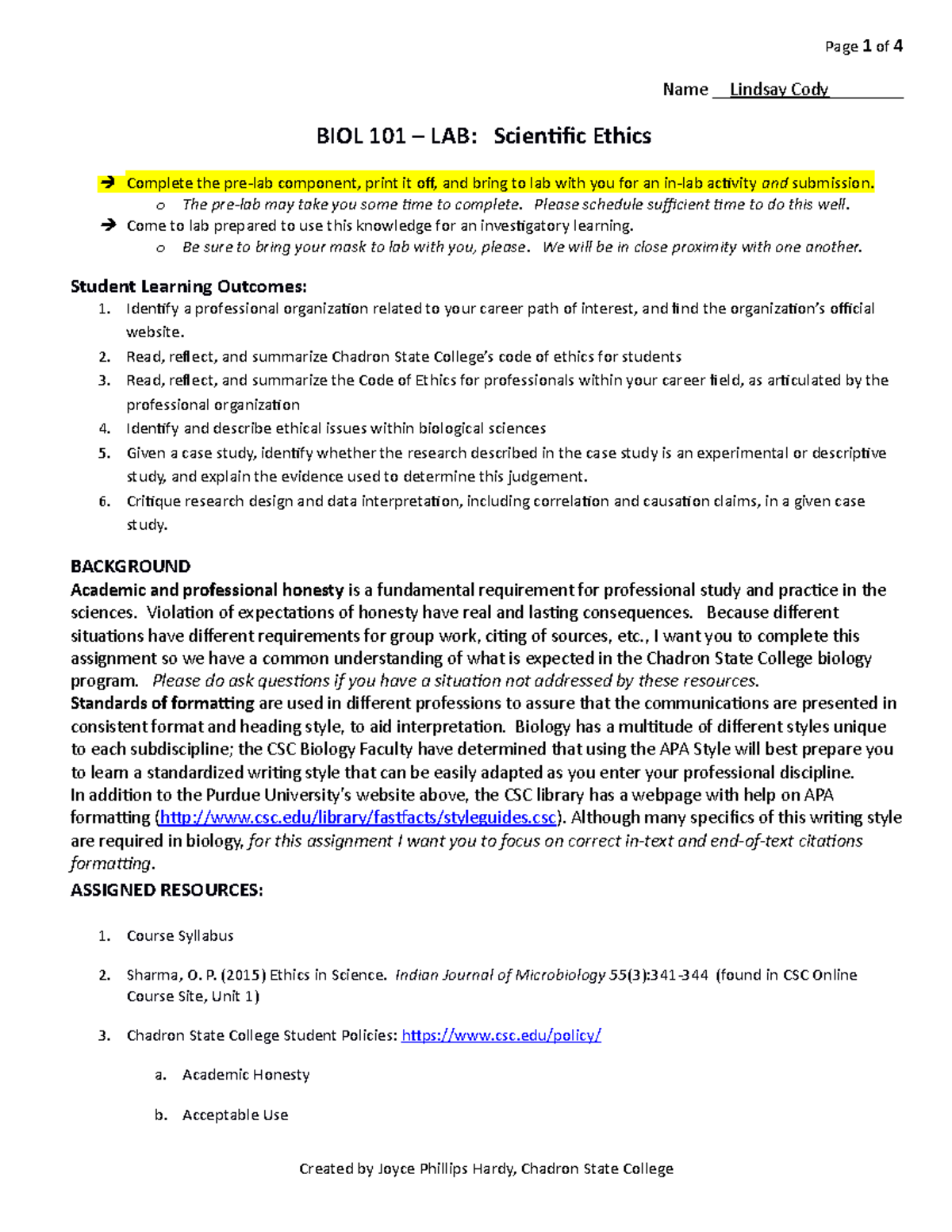 Hardy BIO101 Week 1 - Lab 01 - Scientific Ethics pre-lab - Name Lindsay ...