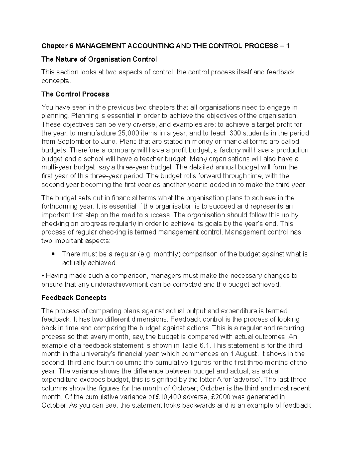 Chapter 6 Management Accounting AND THE Control Process – 1 - Chapter 6 ...