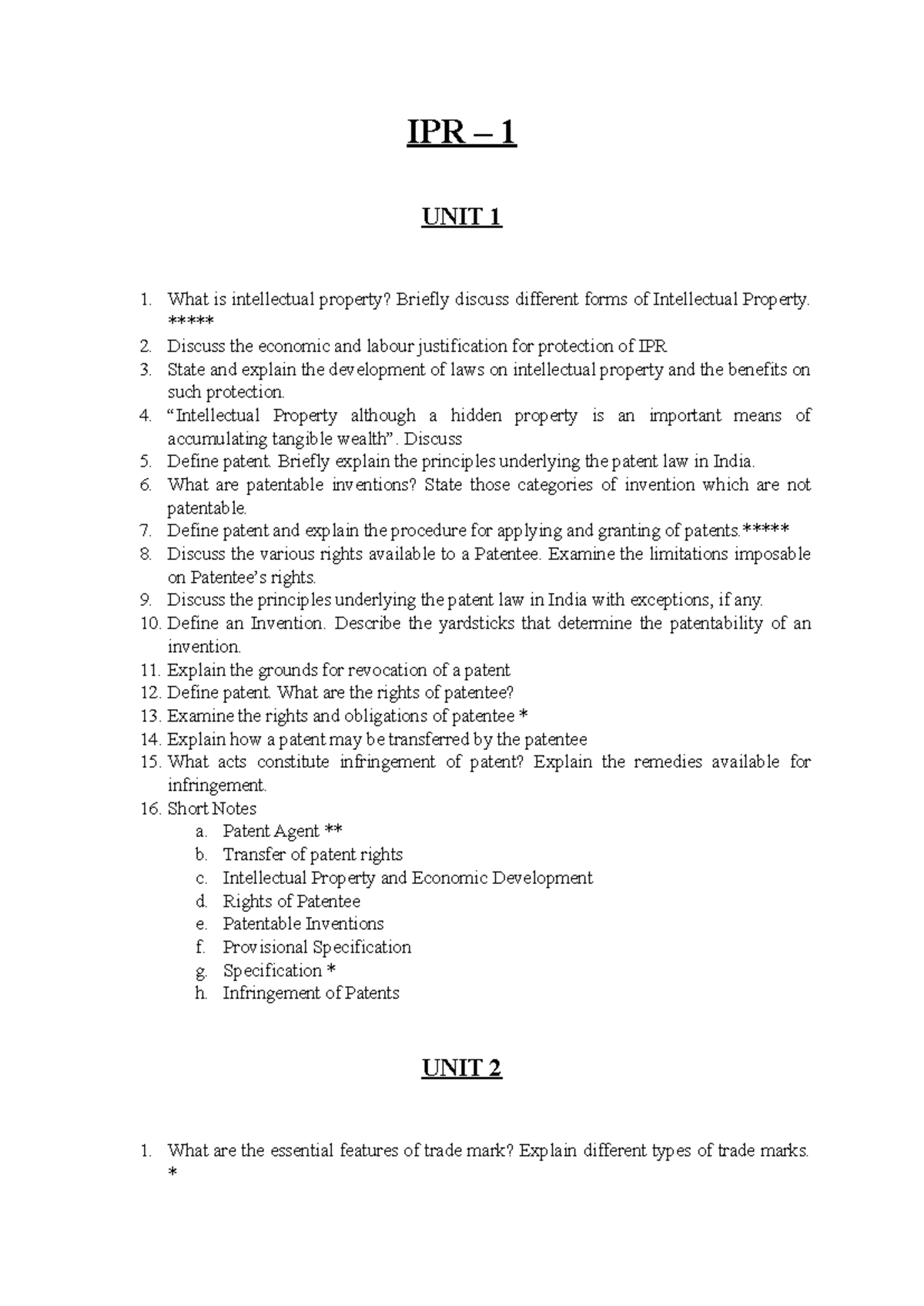 IPR - Summary BaLLB - IPR – 1 UNIT 1 1. What is intellectual property ...
