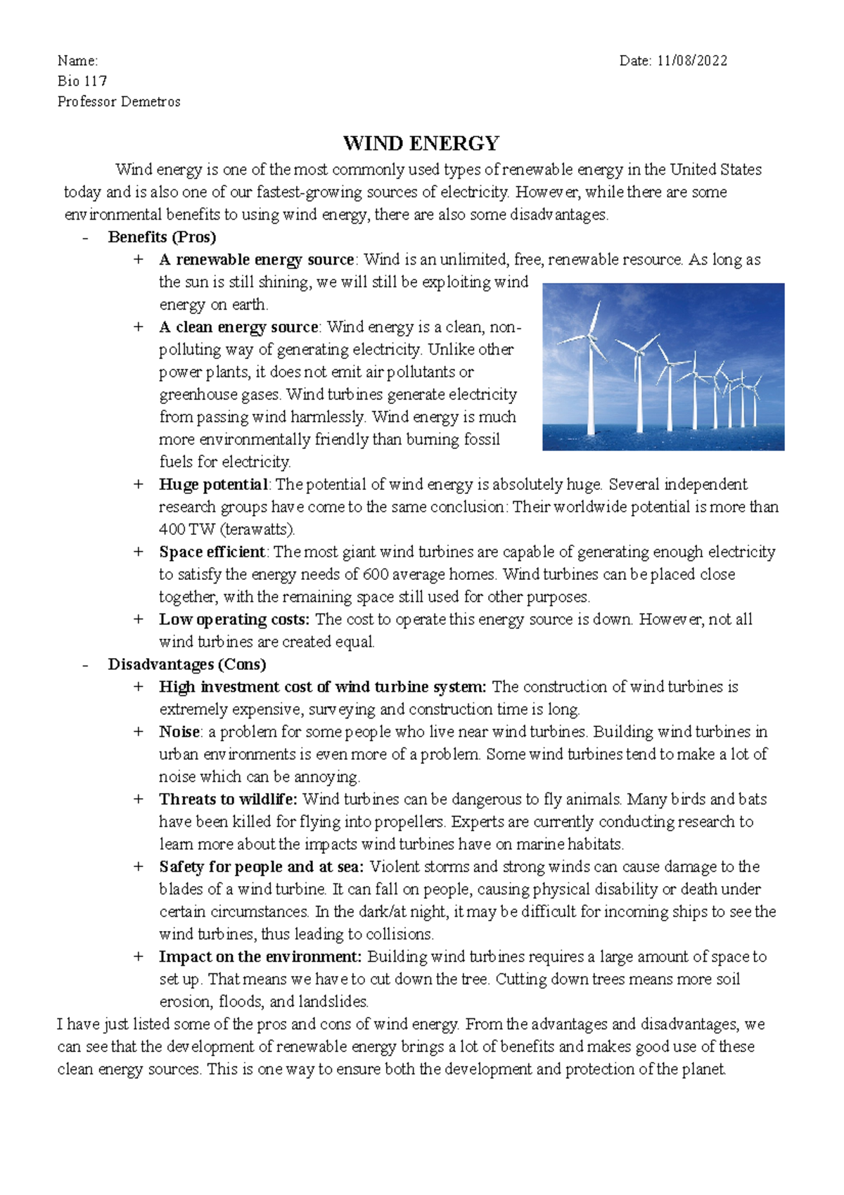 Wind Energy - Homework - Name: Date: 11/08/ Bio 117 Professor Demetros ...