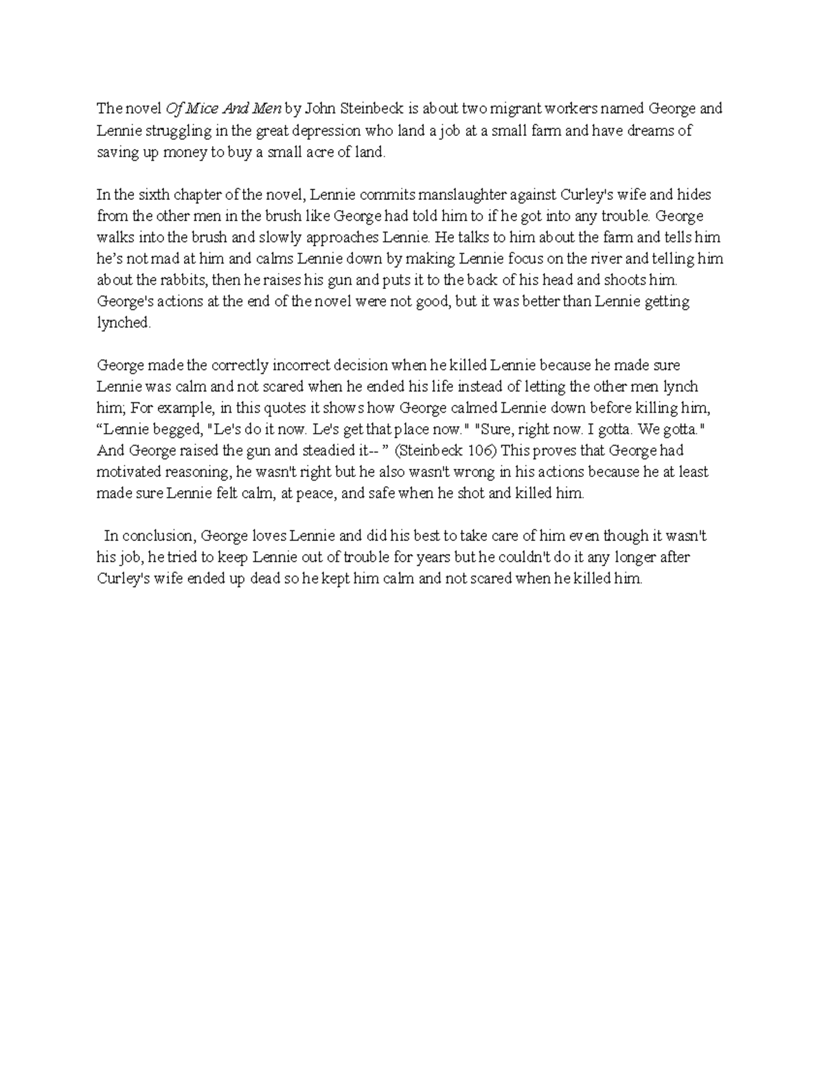 Of Mice And Men Chapter Six Writing Task - makila roe - The novel Of ...