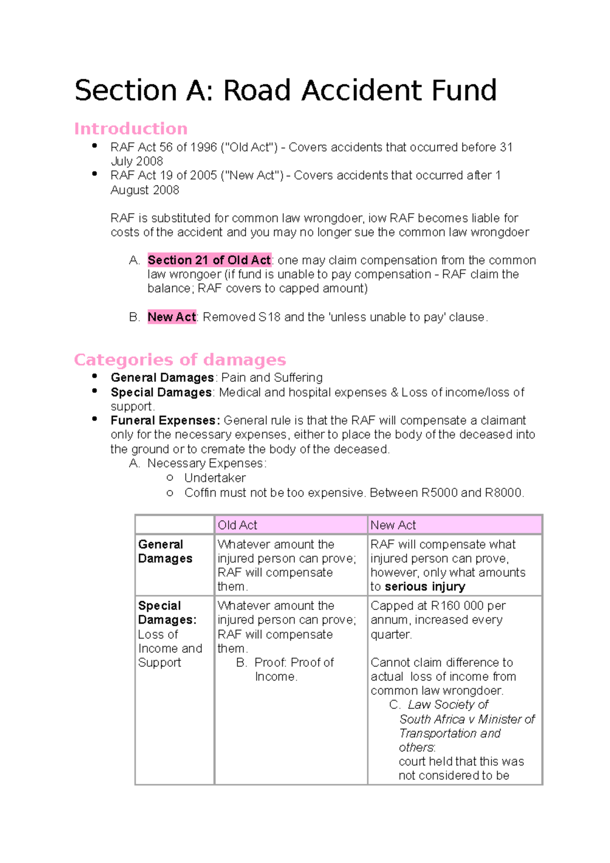 RAF Notes - Section A: Road Accident Fund Introduction RAF Act 56 of ...