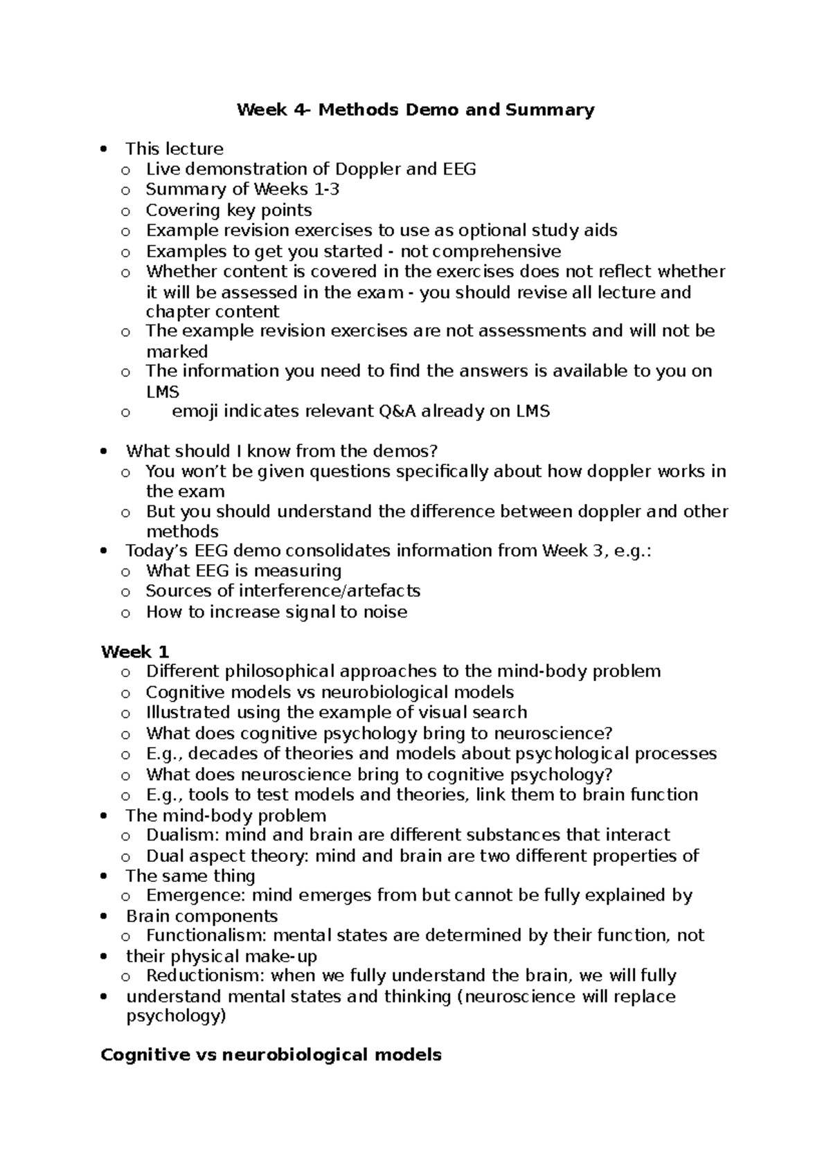 Week 4- Methods Demo and Summary - : o What EEG is measuring o Sources ...