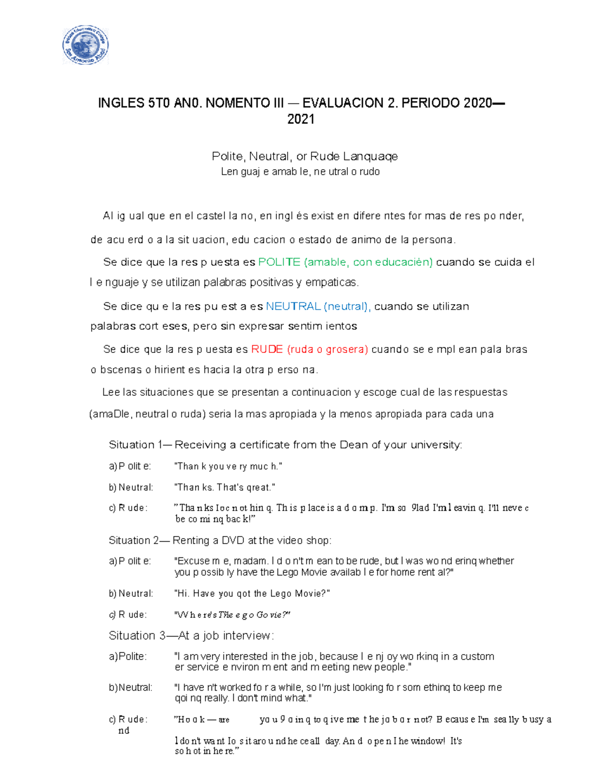 Polite, Neutral or rude - Evaluacion - Lectoescritura del inglés II ...