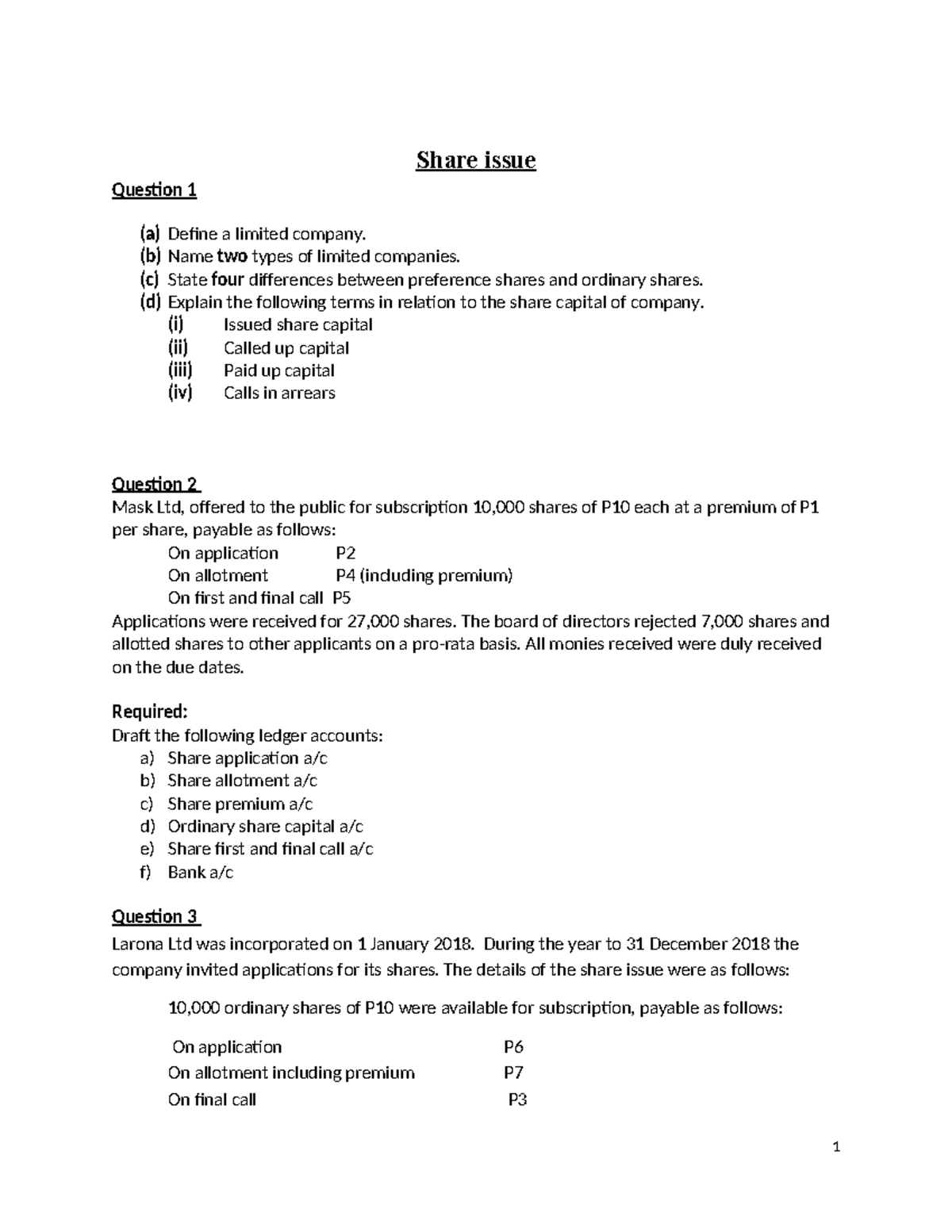 2022 ACC 311 Share Issue Solutions - Share issue Question 1 (a) Define ...