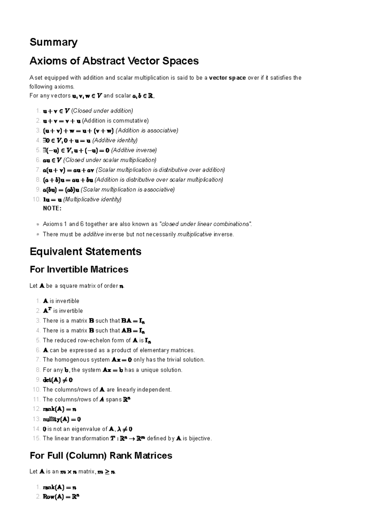 Summary - Broad content - Summary Axioms of Abstract Vector Spaces A ...
