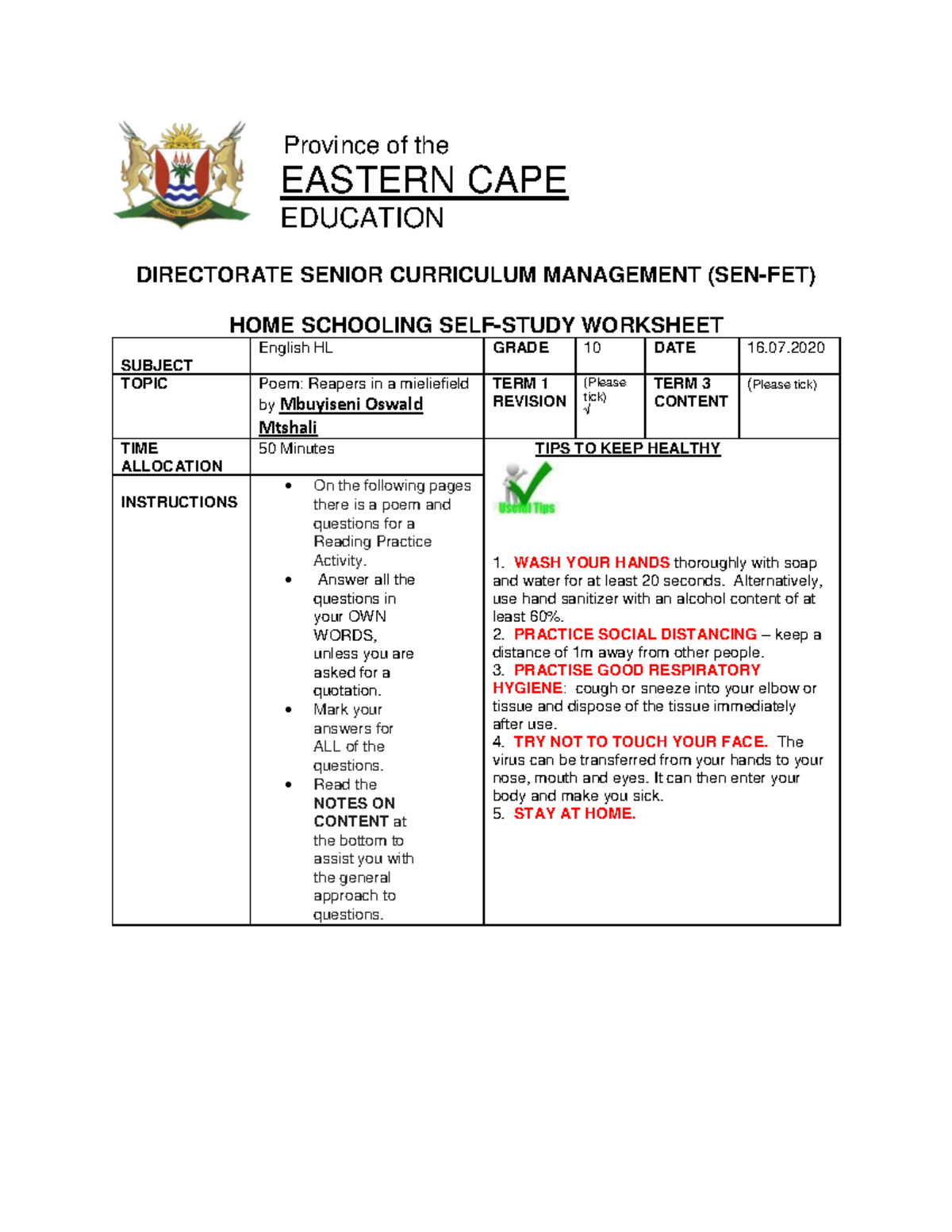 4 English FAL grade 10 Reapers in a mieliefield - analysis Worksheet ...