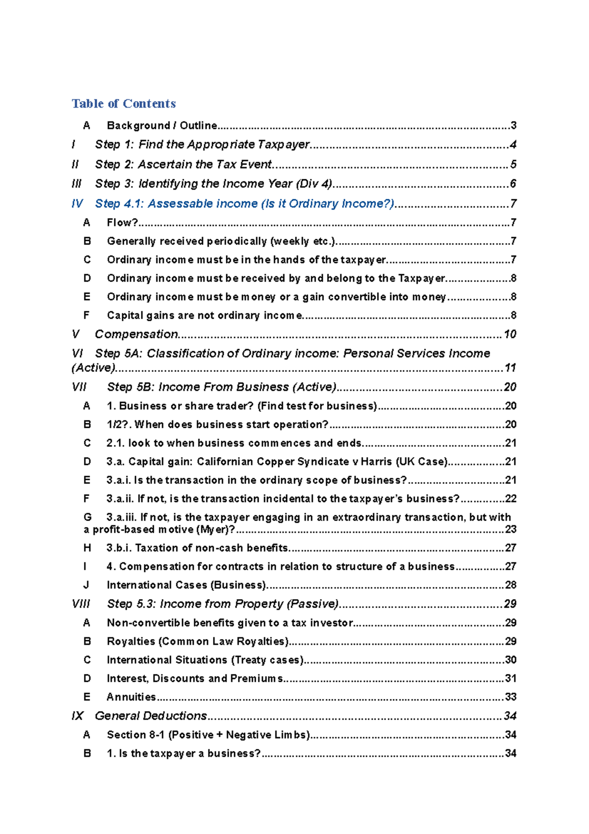 Study Doc 2 - Summary Income Tax - Table of Contents A Background - Studocu