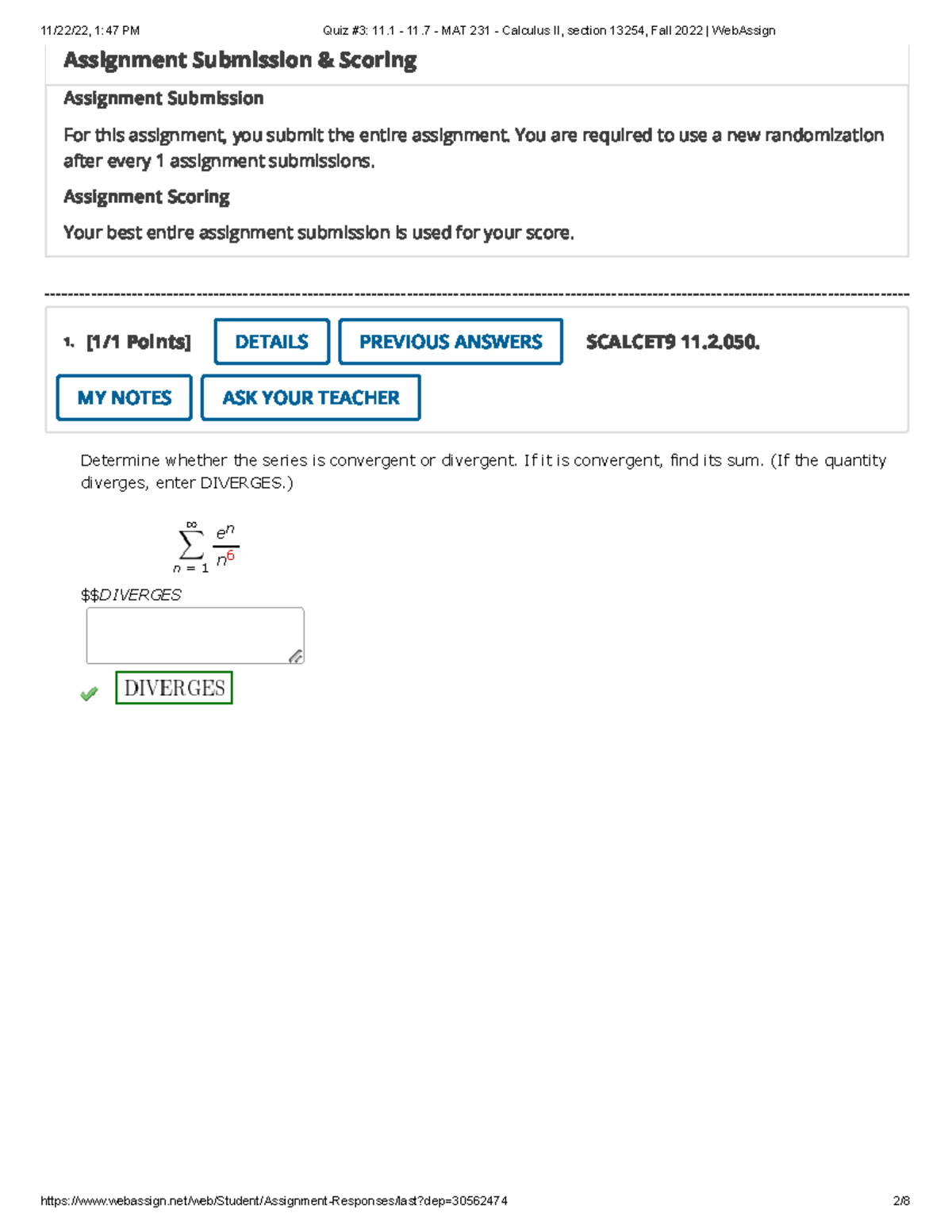 Quiz #3 11.1 - 11.7 - MAT 231 - Calculus II, section 13254, Fall 2022 ...