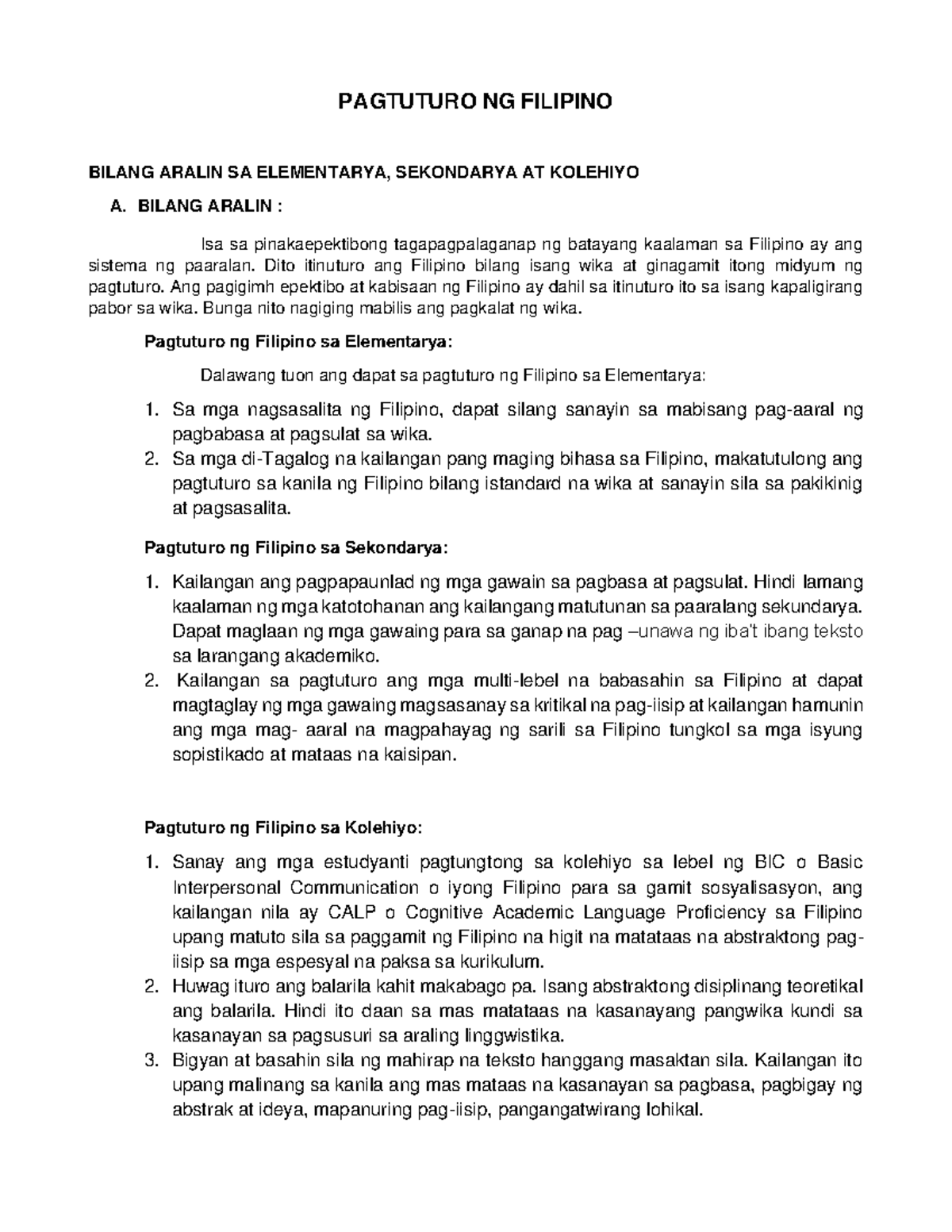 Pagtuturo NG Filipino - PAGTUTURO NG FILIPINO BILANG ARALIN SA ...