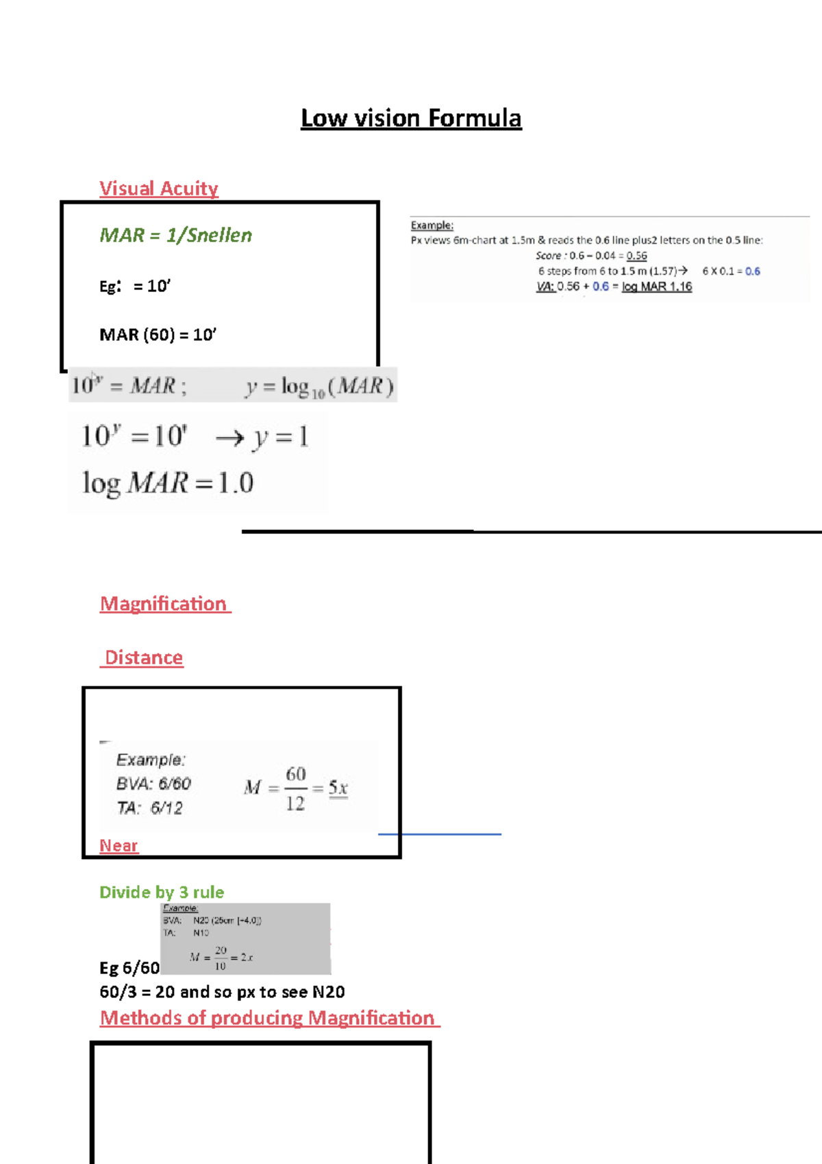 Low vision Calculations - Low vision Formula Visual Acuity MAR = 1 ...
