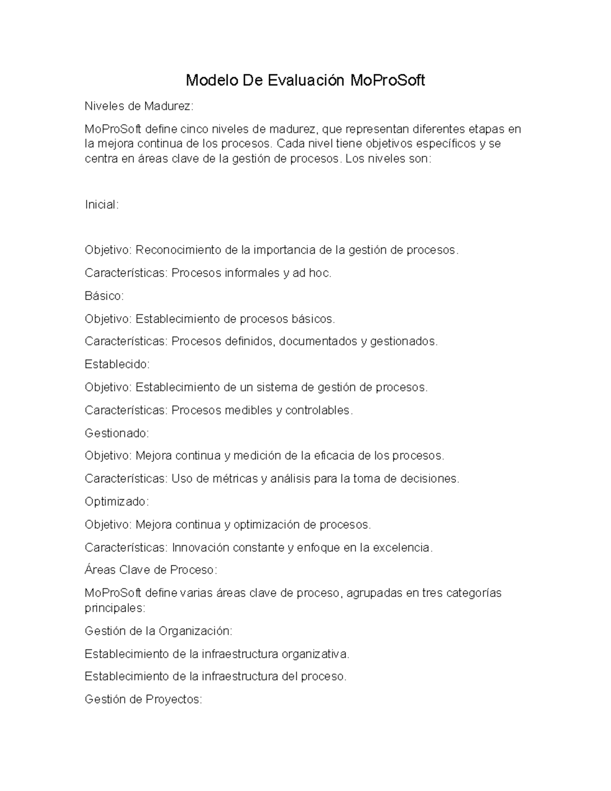 Modelo De Evaluación Mo Pro Soft - Modelo De Evaluación MoProSoft Niveles de Madurez: MoProSoft ...