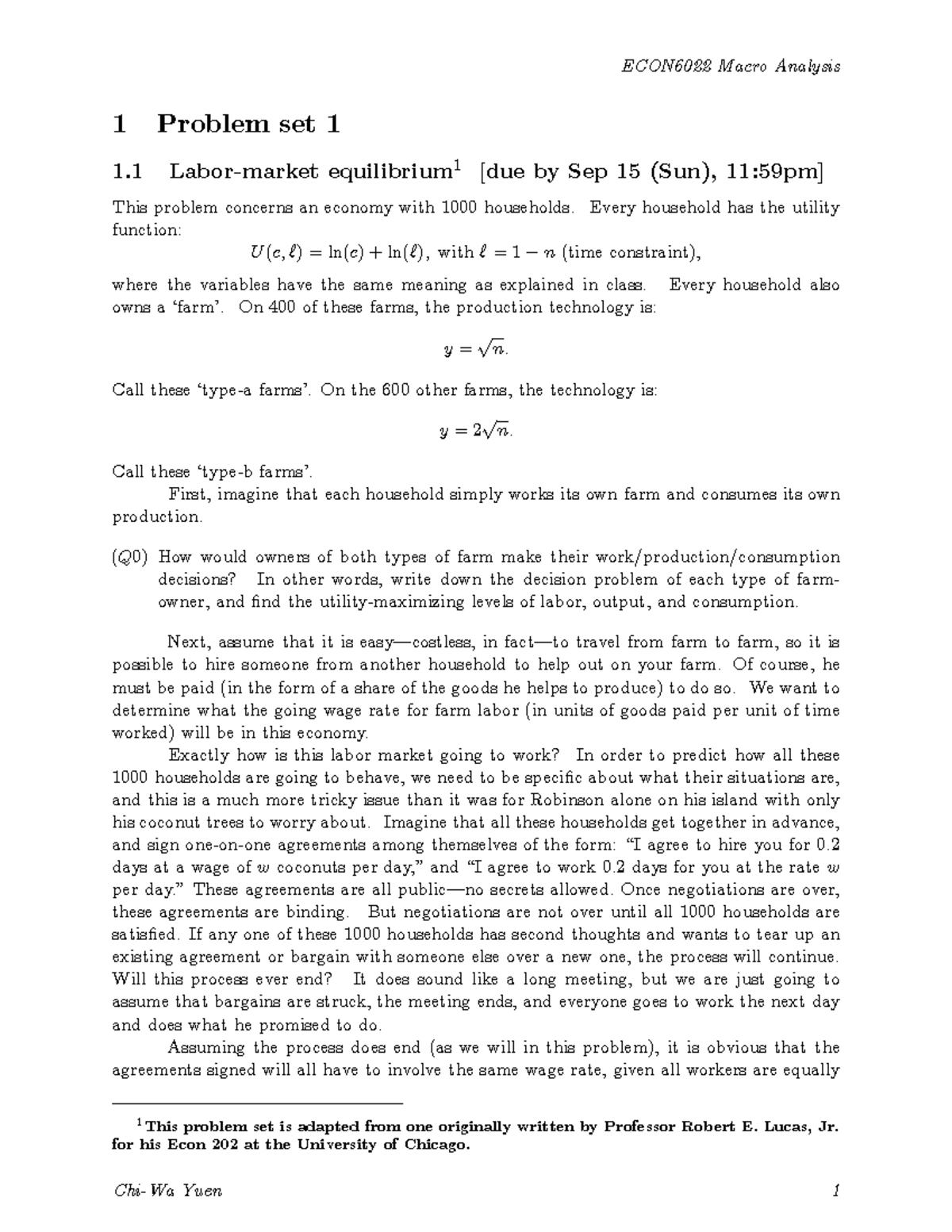 ECON6022AB (2024-M1) - PS1 - 1 Problem set 1 1 Labor-market equilibrium ...