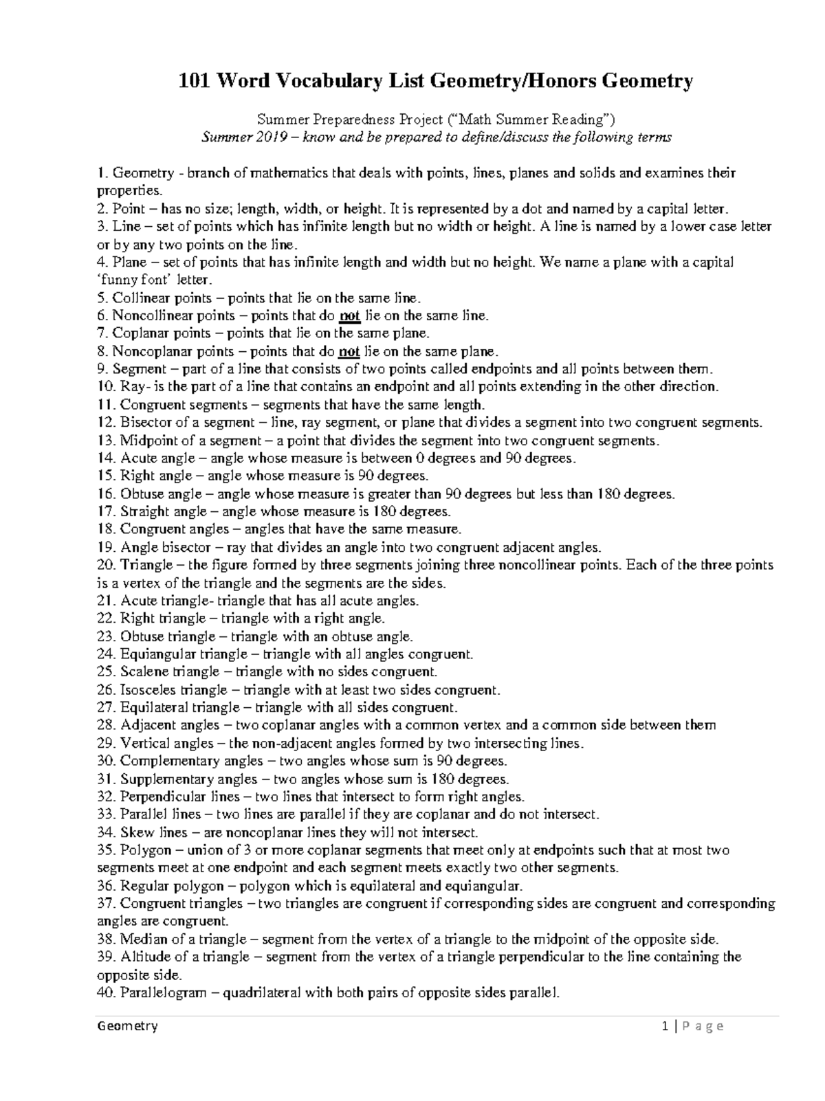 101Word Vocabulary List Geometry - Geometry 1 | P a g e 101 Word ...