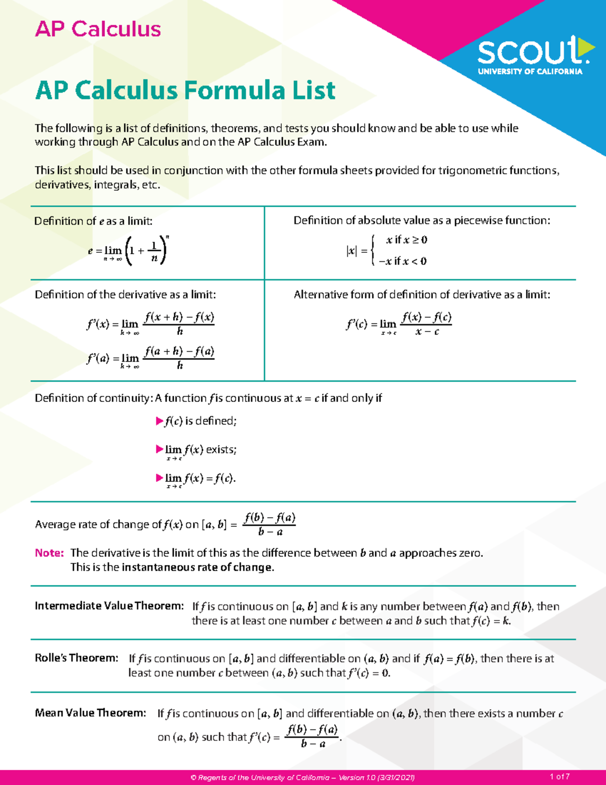 Apcalc Definitions And Formulas - © Regents of the University of ...