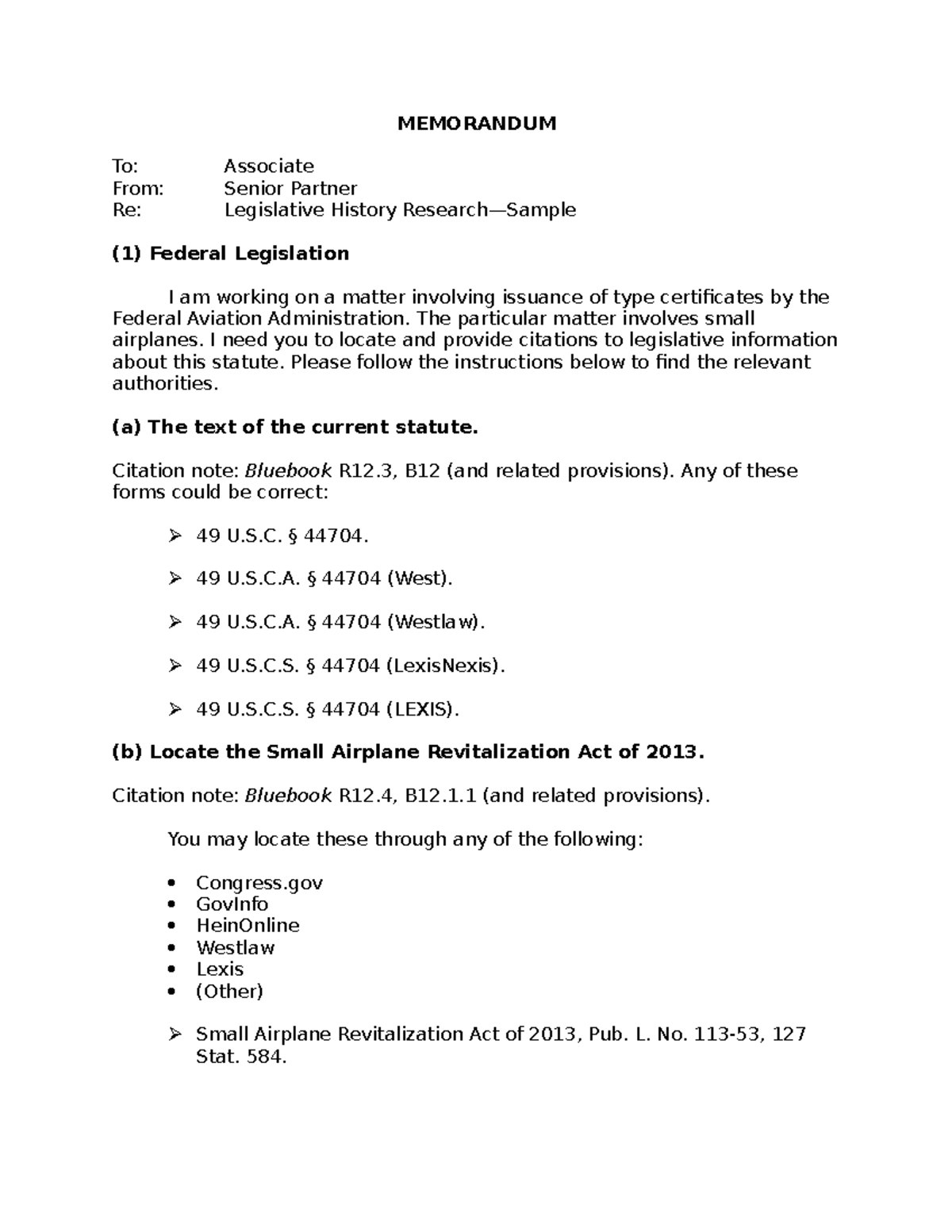 Sample Federal Legislation (1) - MEMORANDUM To: Associate From: Senior ...
