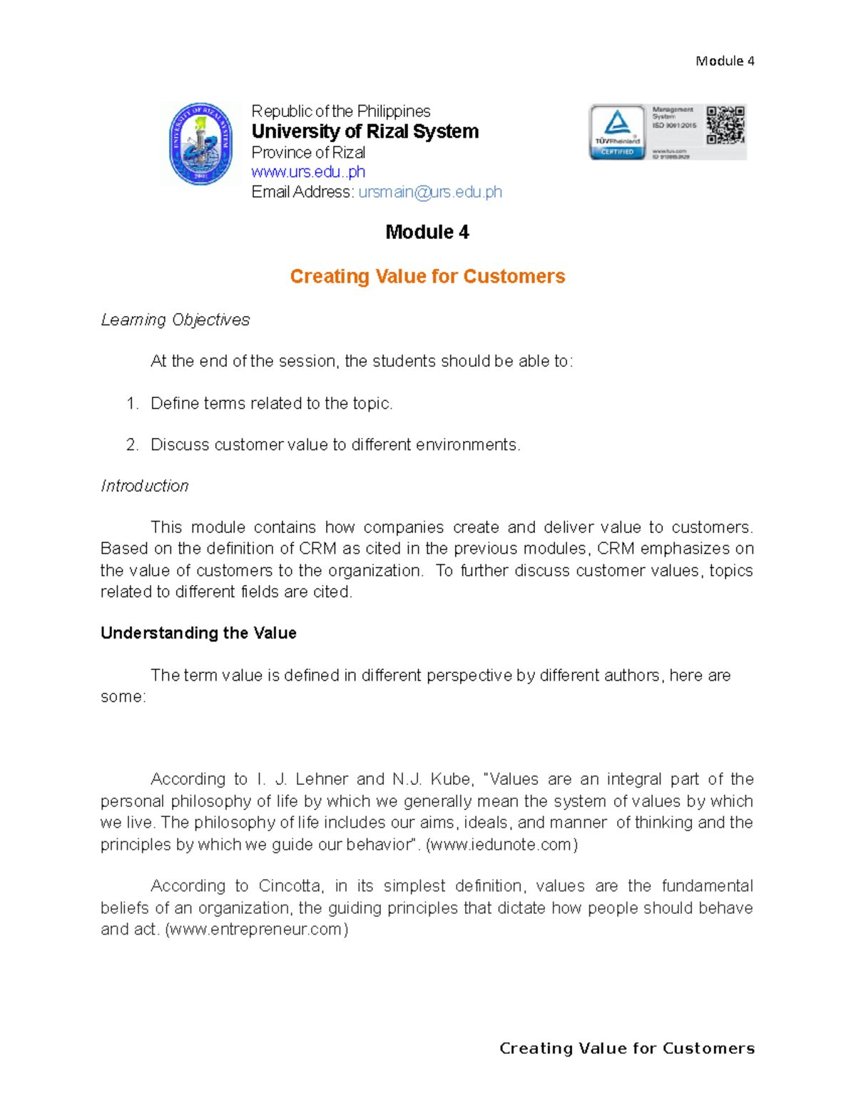 OA 10 Module 4 Creating Value for Customers - Republic of the ...