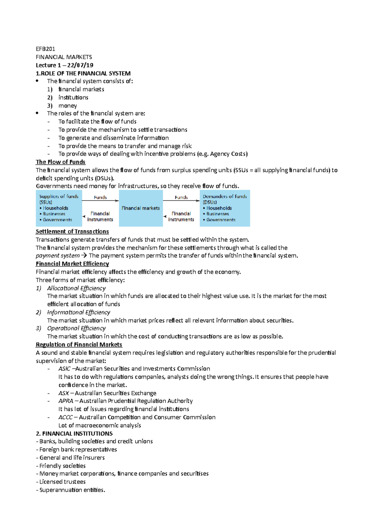 EFB201 - Summary lectures 1-5 - EFB FINANCIAL MARKETS Lecture 1 – 22/07 ...