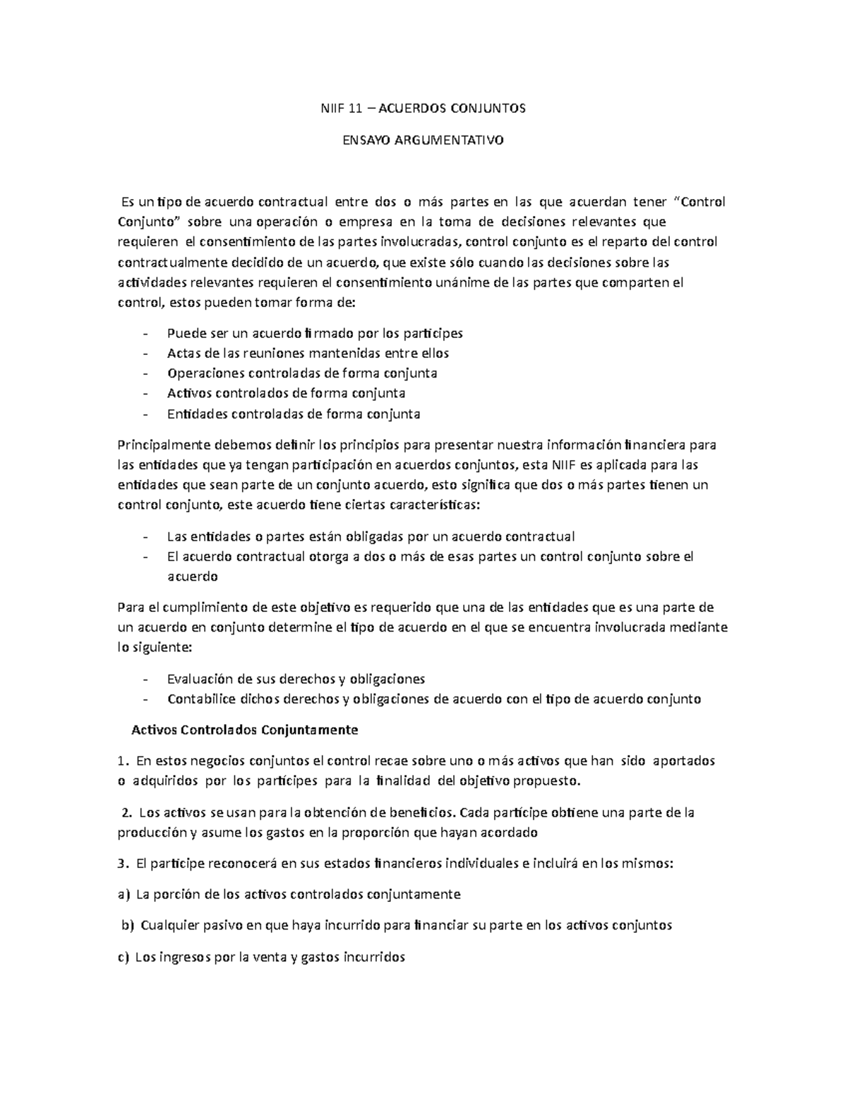 NIIF 11 - no aplicca - NIIF 11 – ACUERDOS CONJUNTOS ENSAYO ...