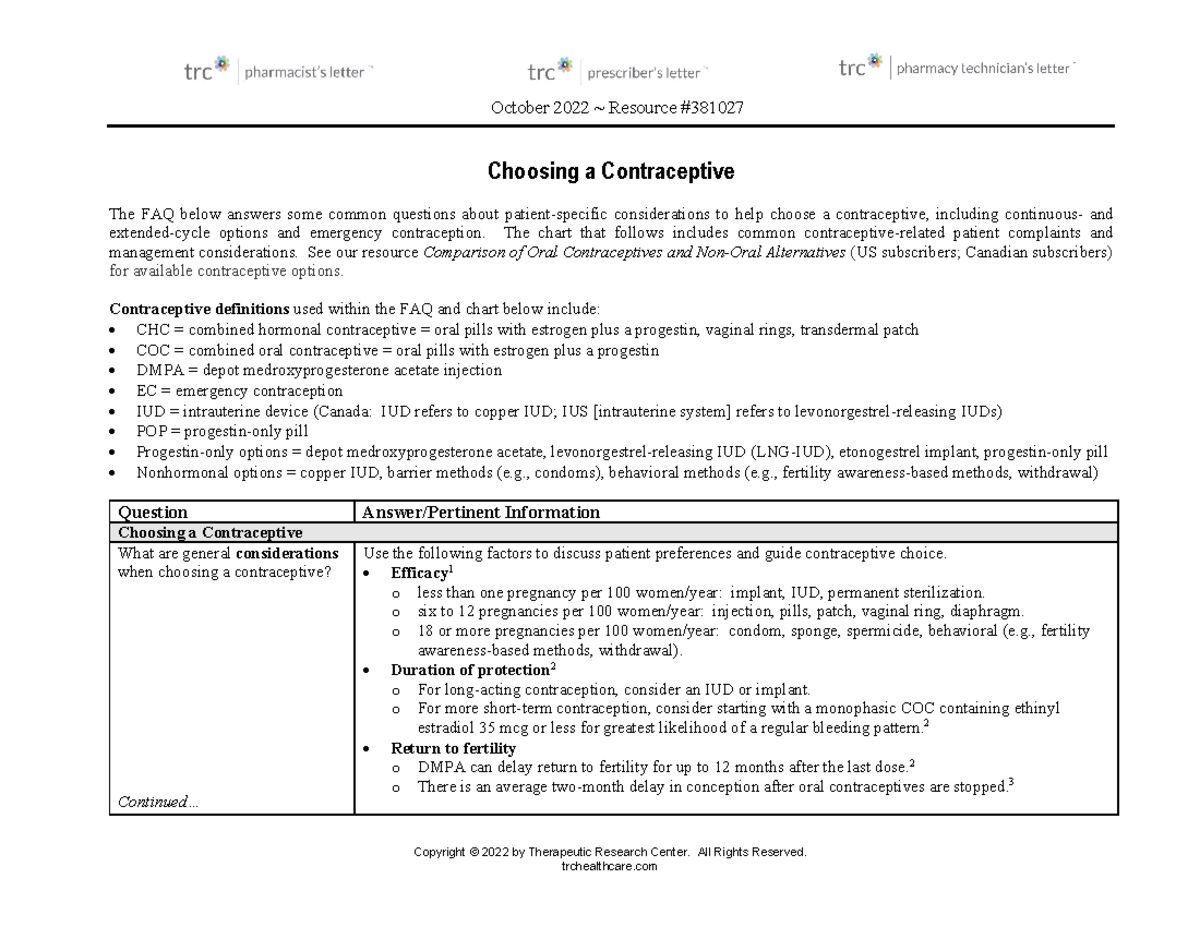 Choosing a Hormonal Contraceptive Letter - October 2022 ~ Resource #3 ...