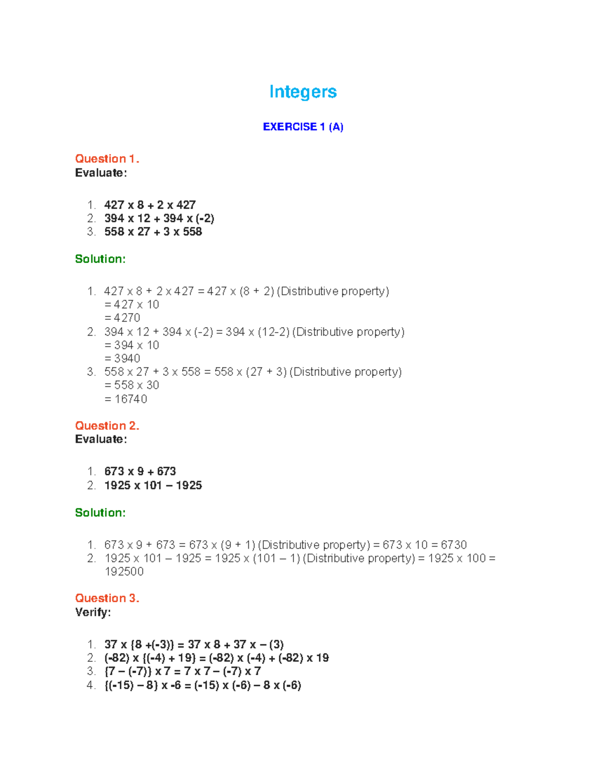 Integers - notes - ncertbooksolutions Integers EXERCISE 1 (A) Question ...