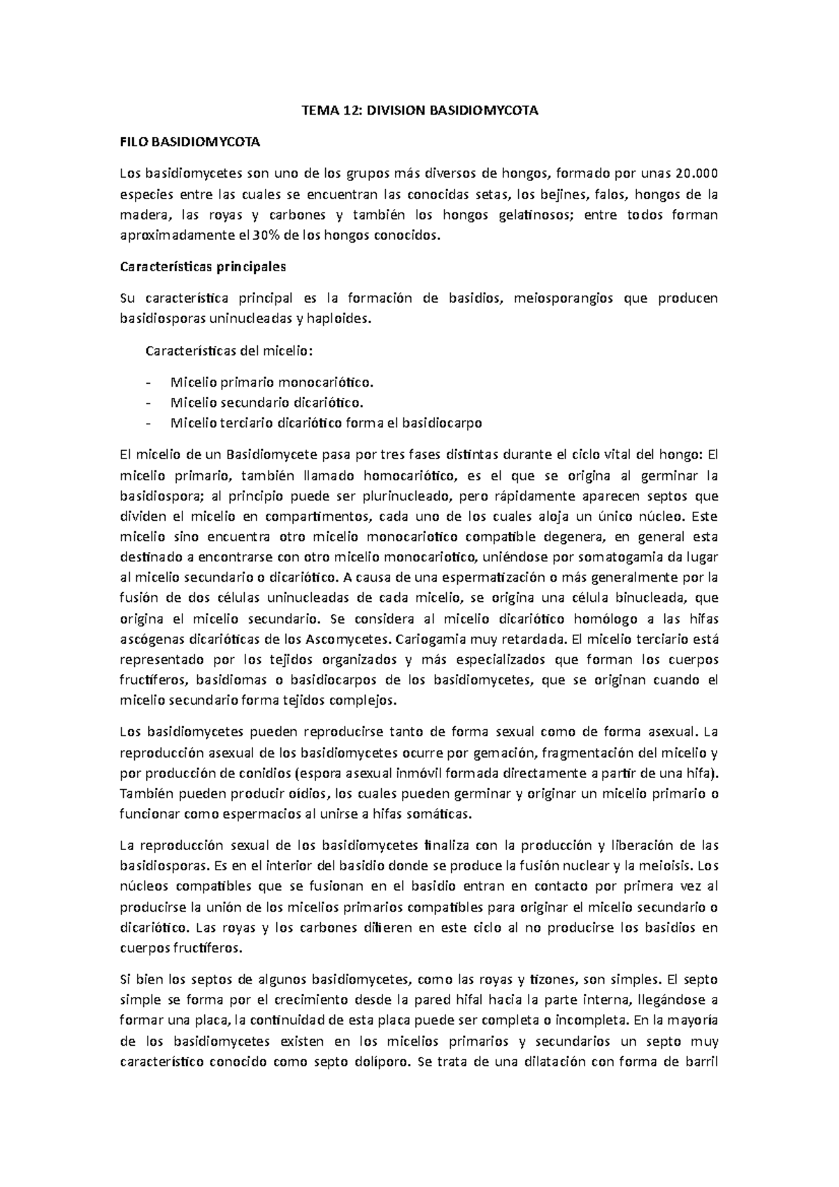 Botánica Bloque 4 - tema basidomicota y hongos imperfectos - TEMA 12 ...