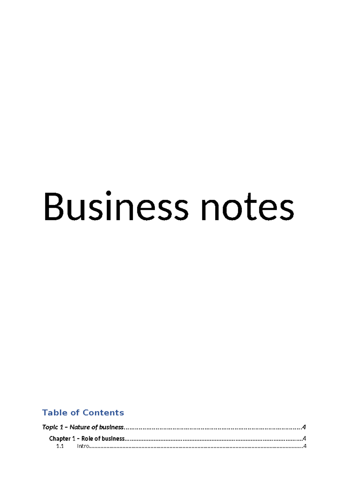 Business studies notes - Business notes Table of Contents Topic 1 ...