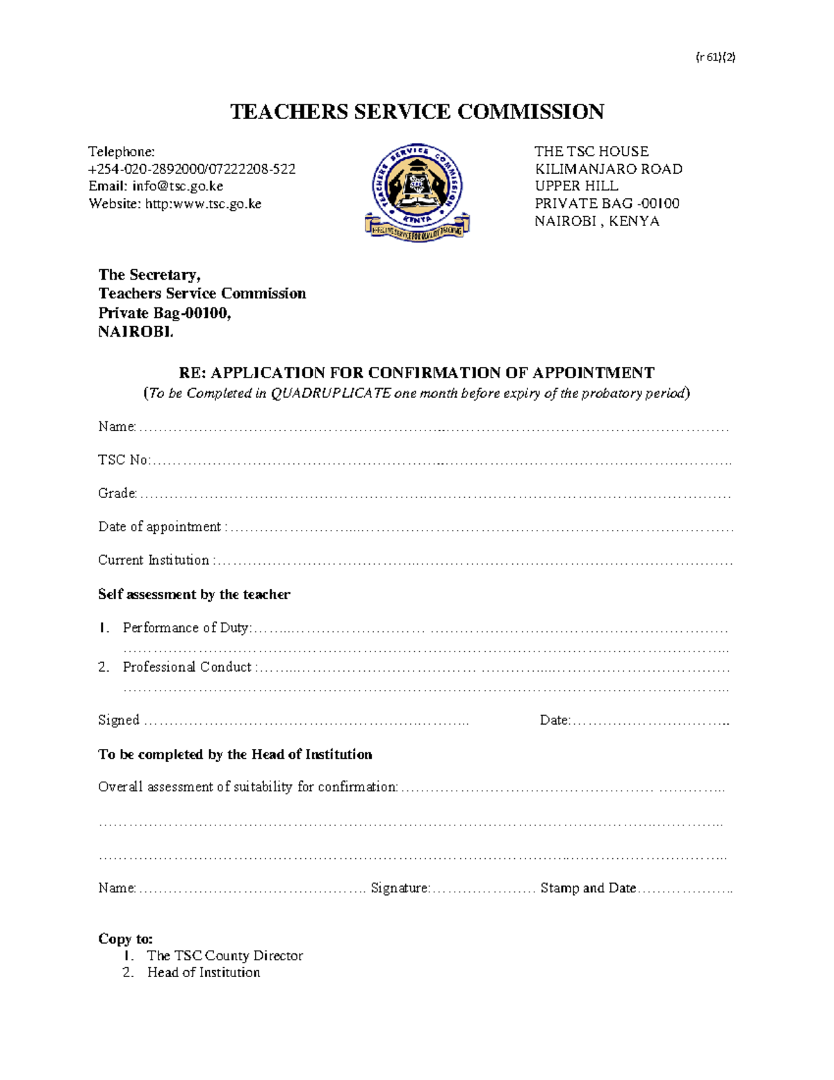 Confirmation FOR Appointment FORM - (r 61)(2) TEACHERS SERVICE ...