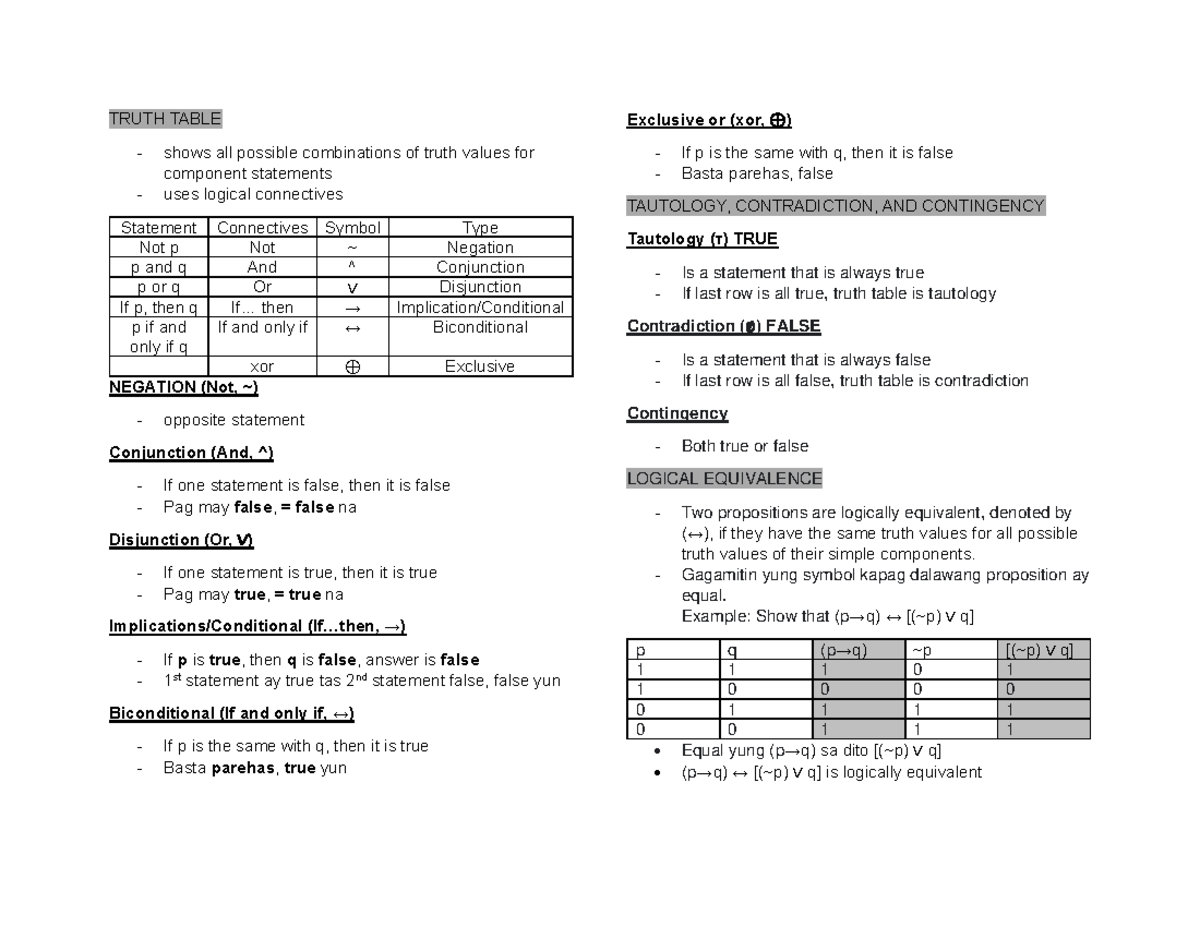Review MMW - TRUTH TABLE shows all possible combinations of truth values for component ...