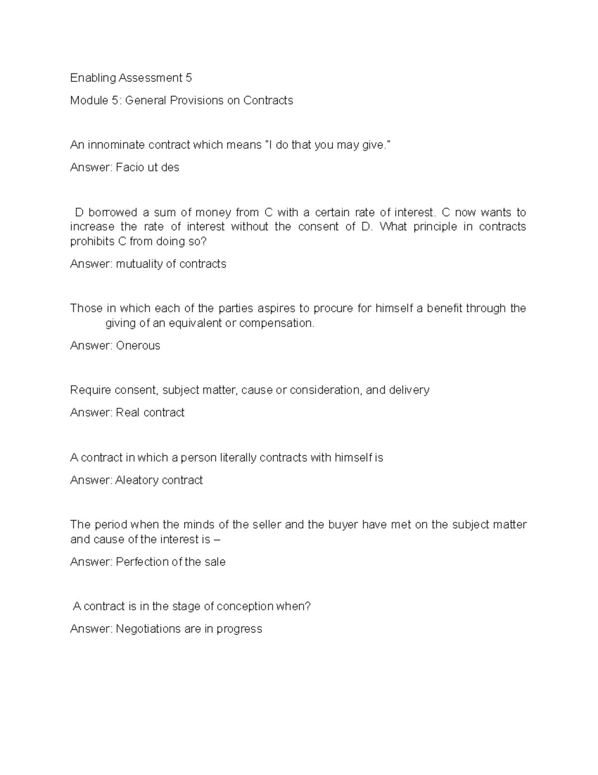Enabling Assessment Module 5 - Law on Obligations & Contracts - La ...
