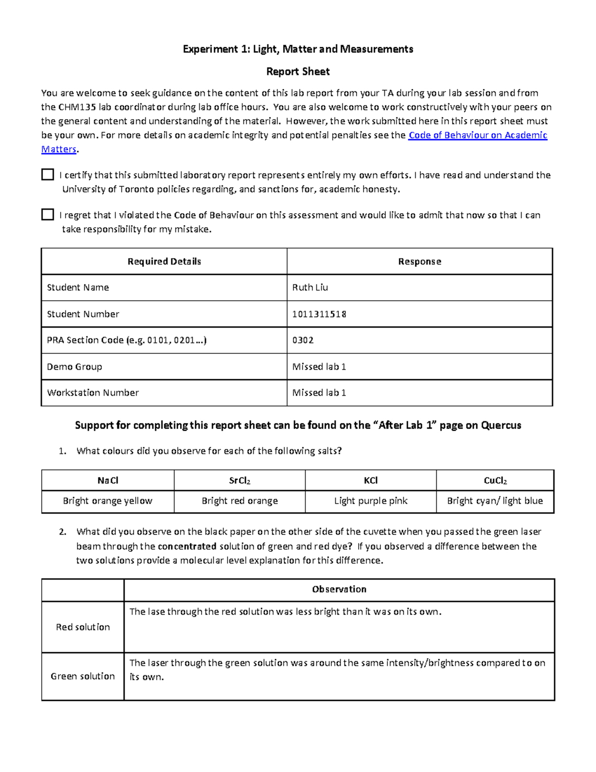 CHM135 Lab 1 Report Sheet - Experiment 1: Light, Matter and ...