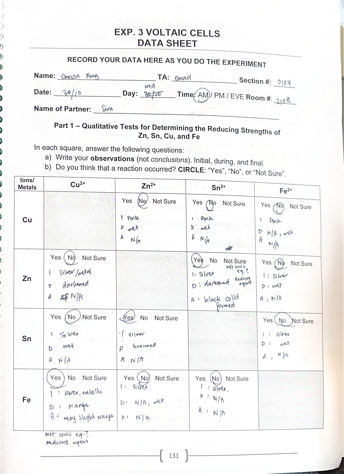 EXP. 3 Voltaic Cells - Data from Wet Lab experiment 3 - EXP. 3 VOLTAIC ...