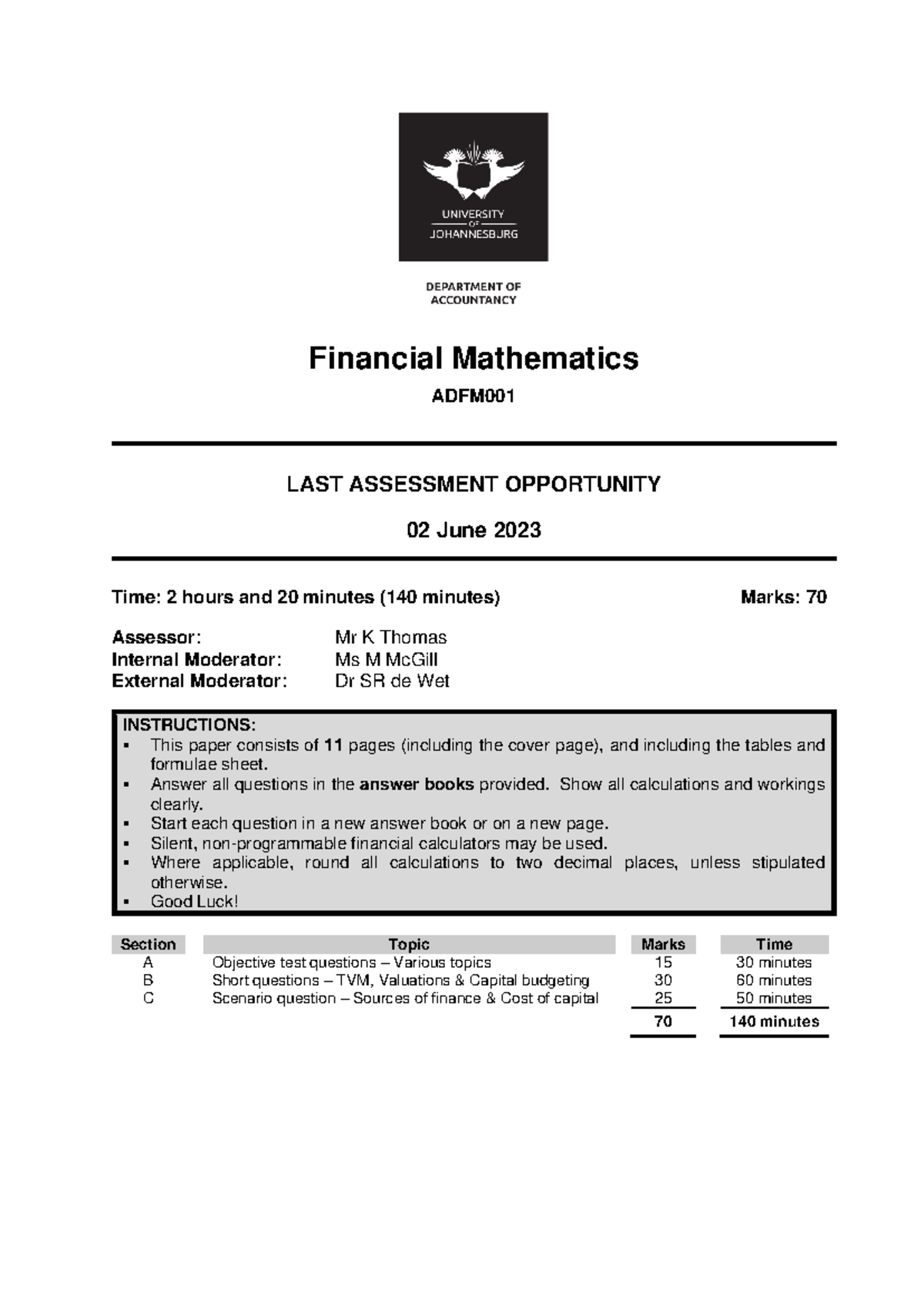 Financial Mathematics June Exam Scenario Questions 2023 - Financial ...