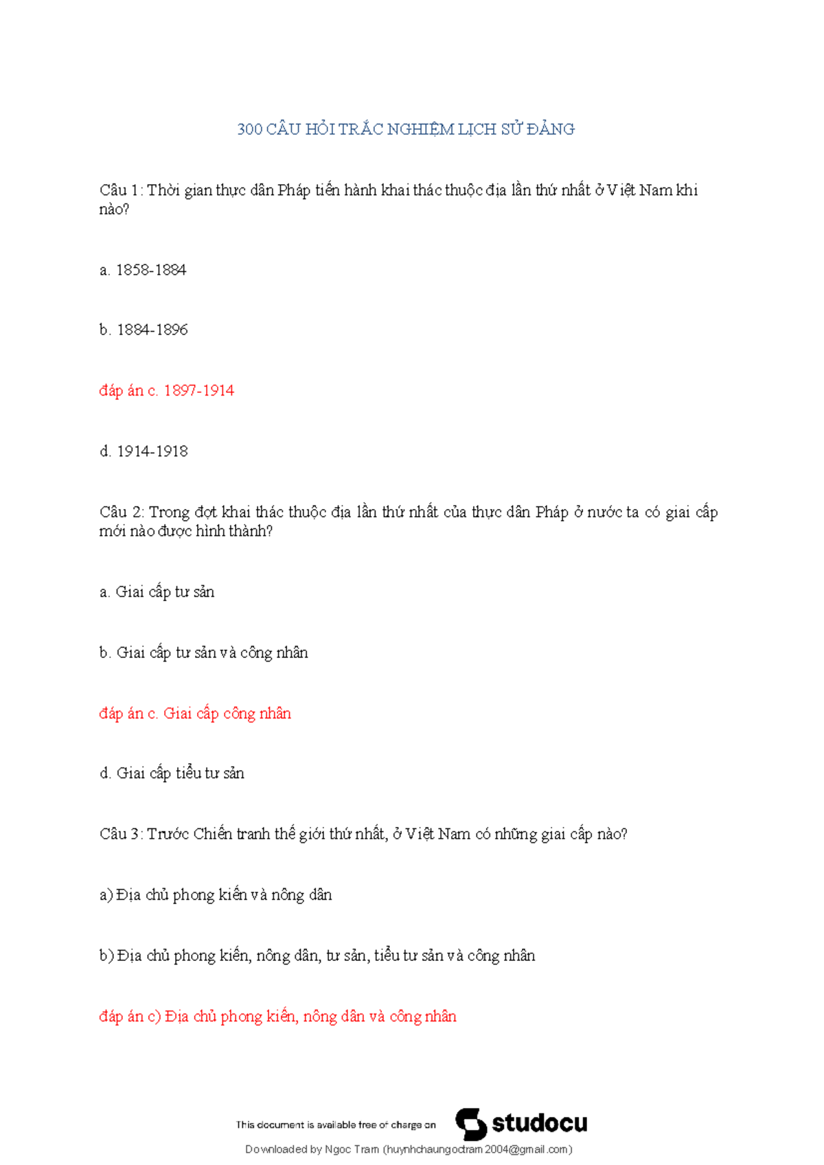 300 cau hoi trac nghiem lich su dang - 300 CÂU HỎI TRẮC NGHIỆM LỊCH SỬ ĐẢNG Câu 1: Thời gian ...