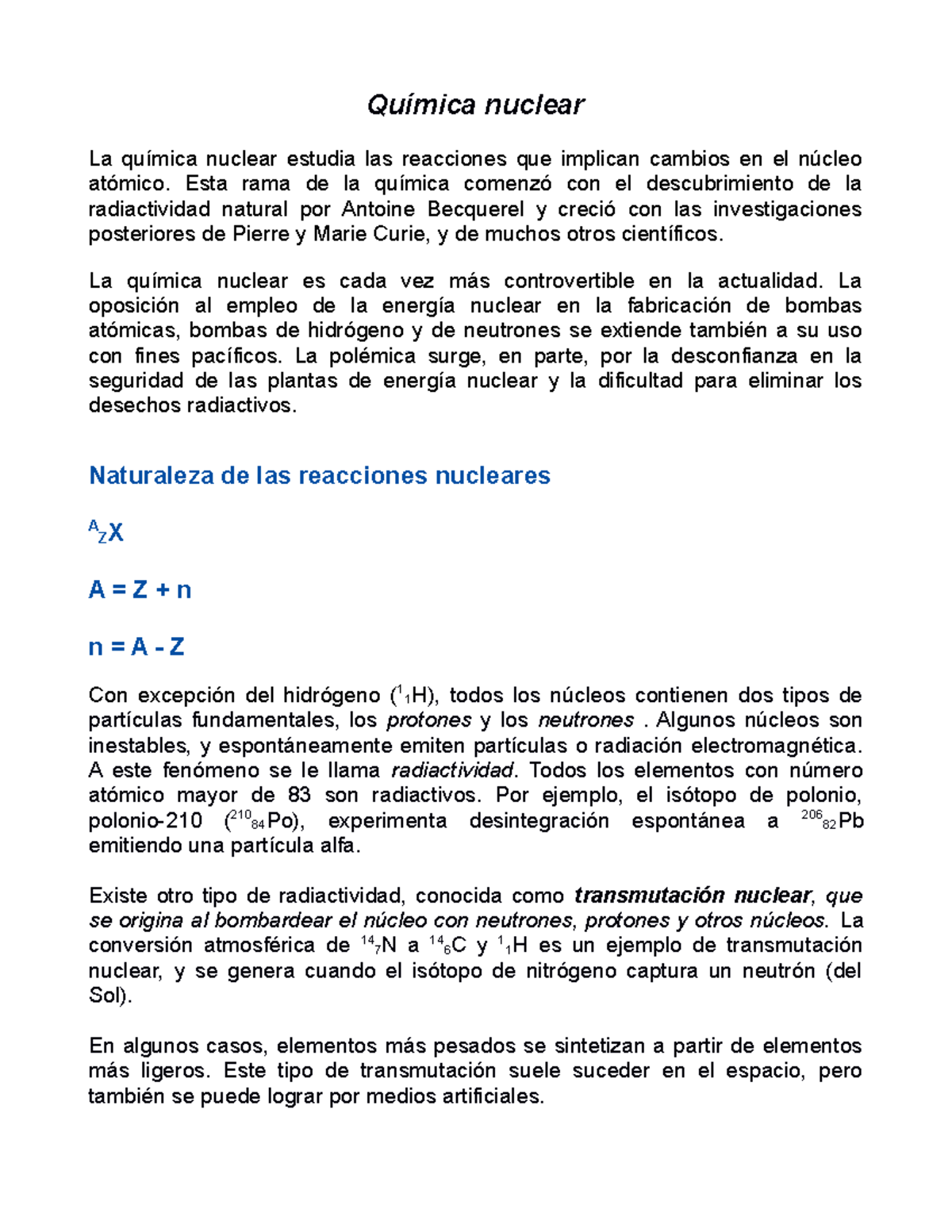 6 Quimica Nuclear - Química nuclear La química nuclear estudia las ...
