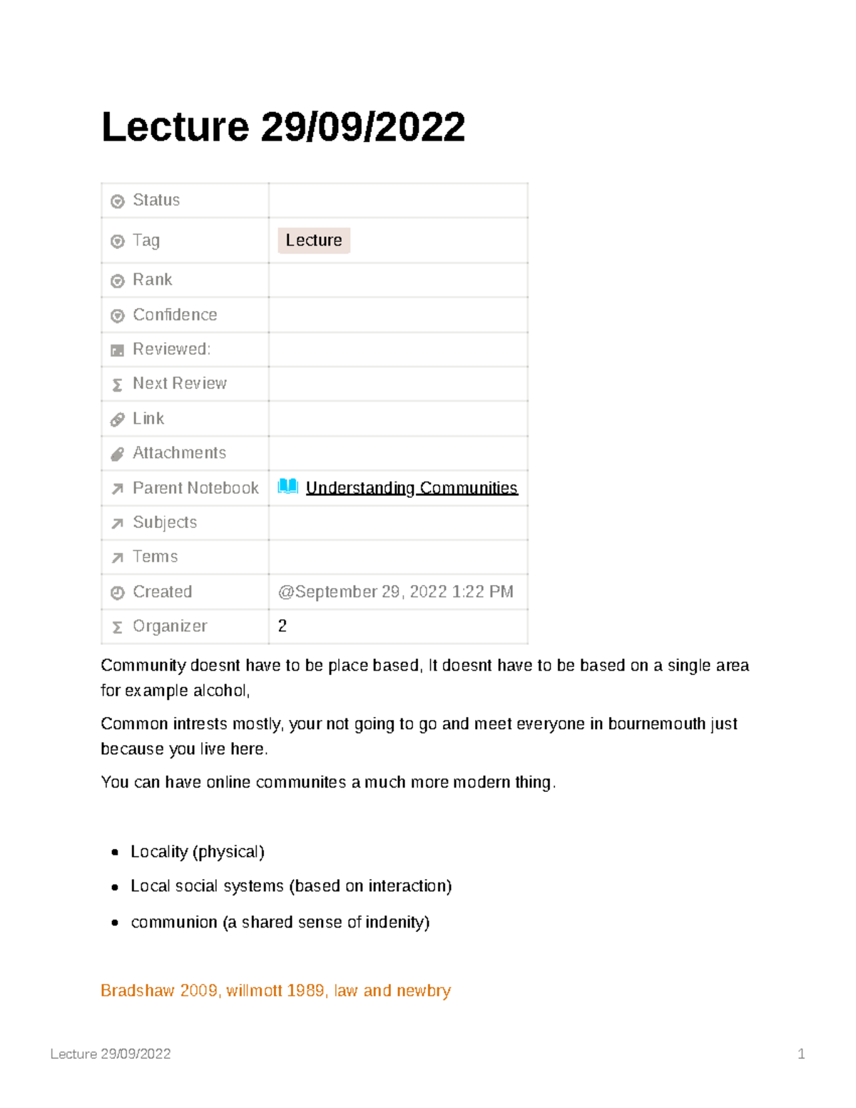 Place based communties - Lecture 29/09/2022 1 Lecture 29/09/ Status Tag ...