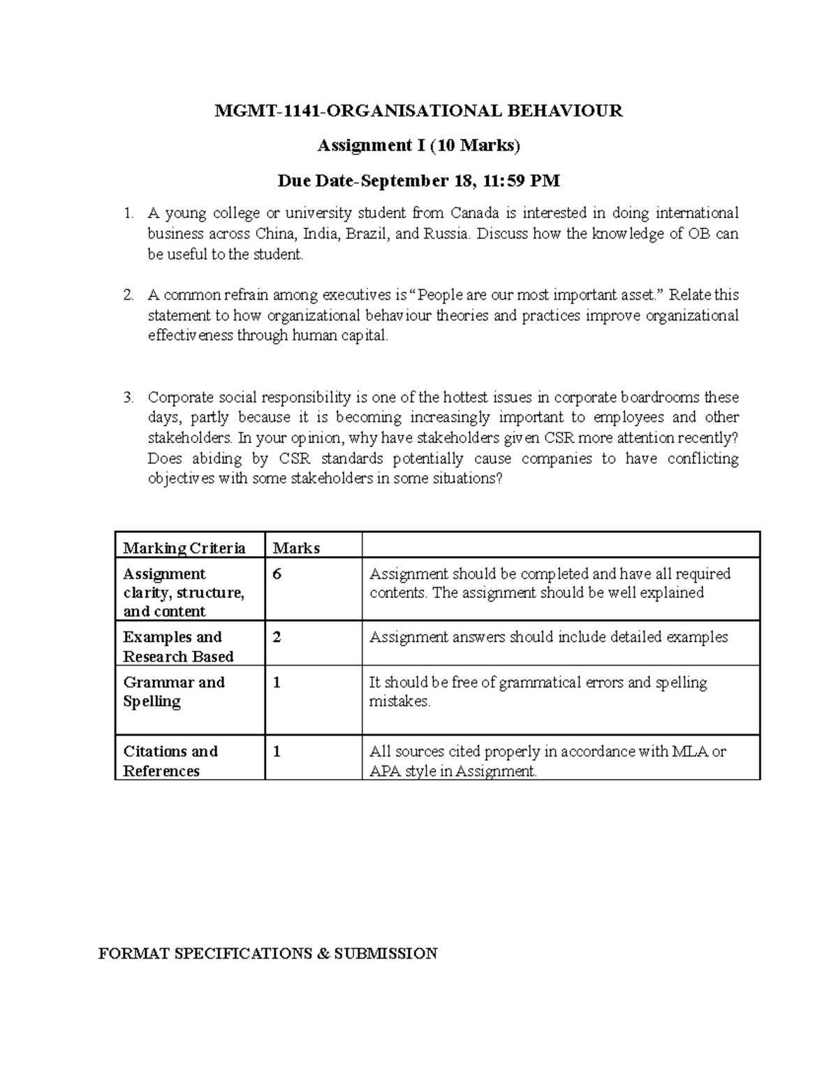 OB- Assignment 1-3 - MGMT-1141-ORGANISATIONAL BEHAVIOUR Assignment I ...