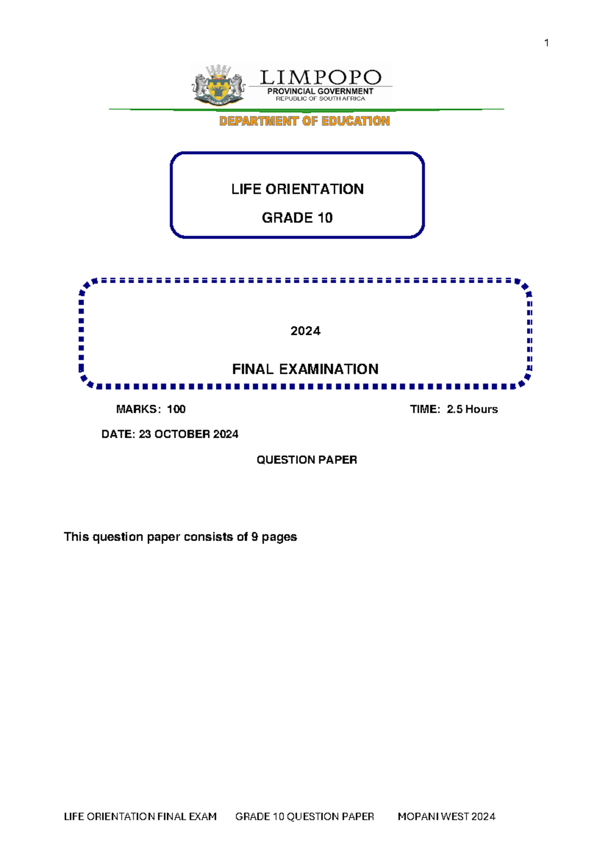2024 LO Grade 10 November question paper - MARKS: 100 TIME: 2 Hours ...